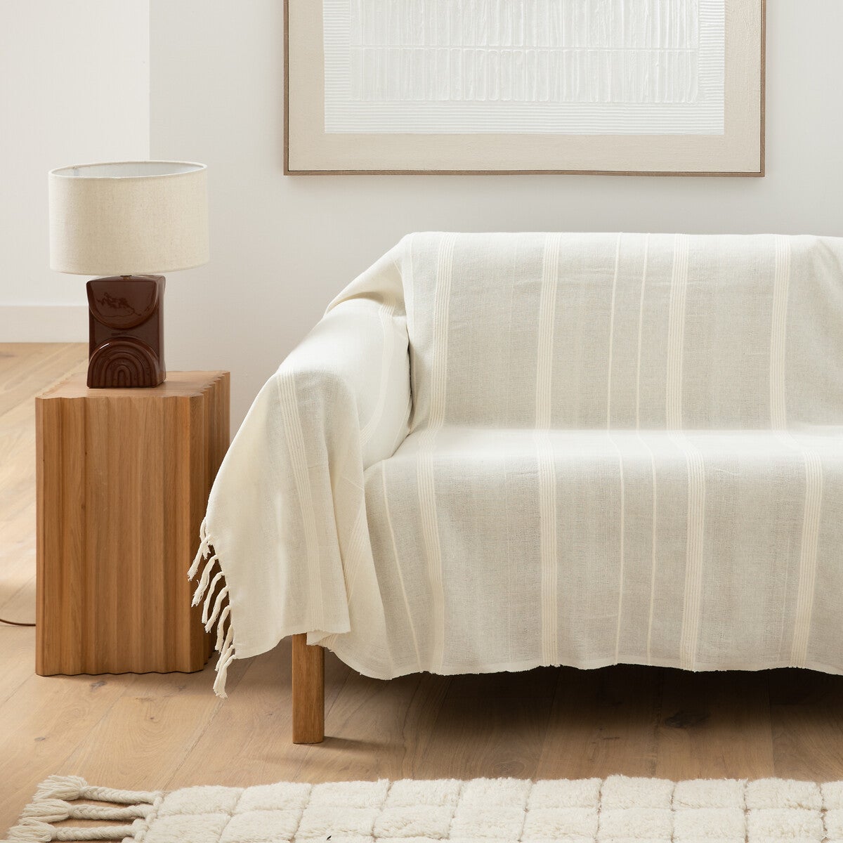 Plaid artisanal frangé coton, Nedo - Blanc écru - 150 x 150 cm | Leroy ...