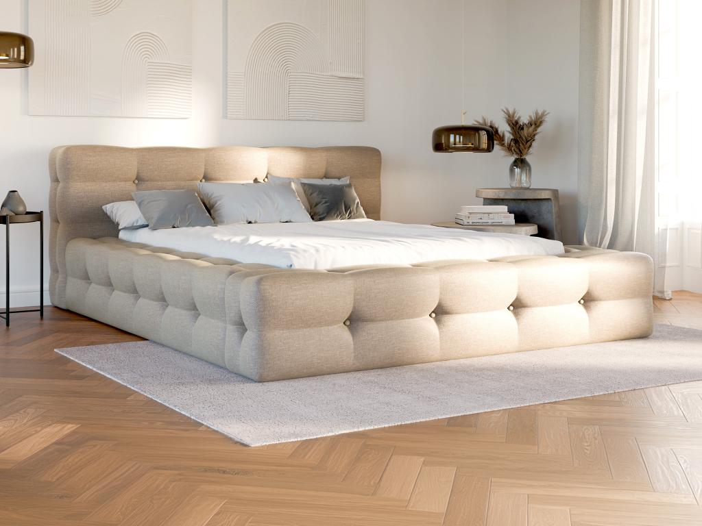 Lit coffre capitonné 140 x 190 cm - Tissu chiné - Beige + Matelas ...