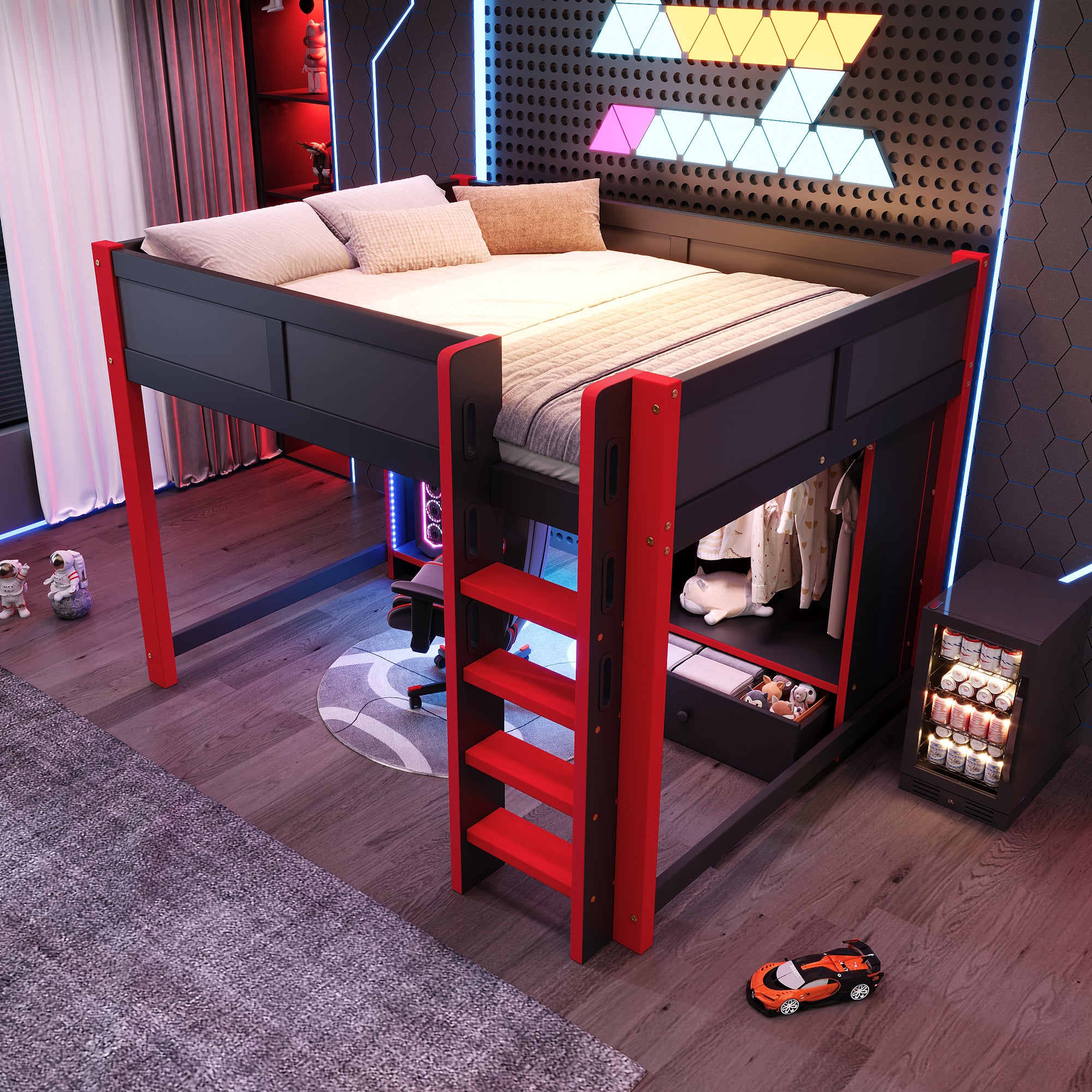 Lit Mezzanine Gaming 140x200 cm Noir et Rouge avec LED, Lit superposé ...