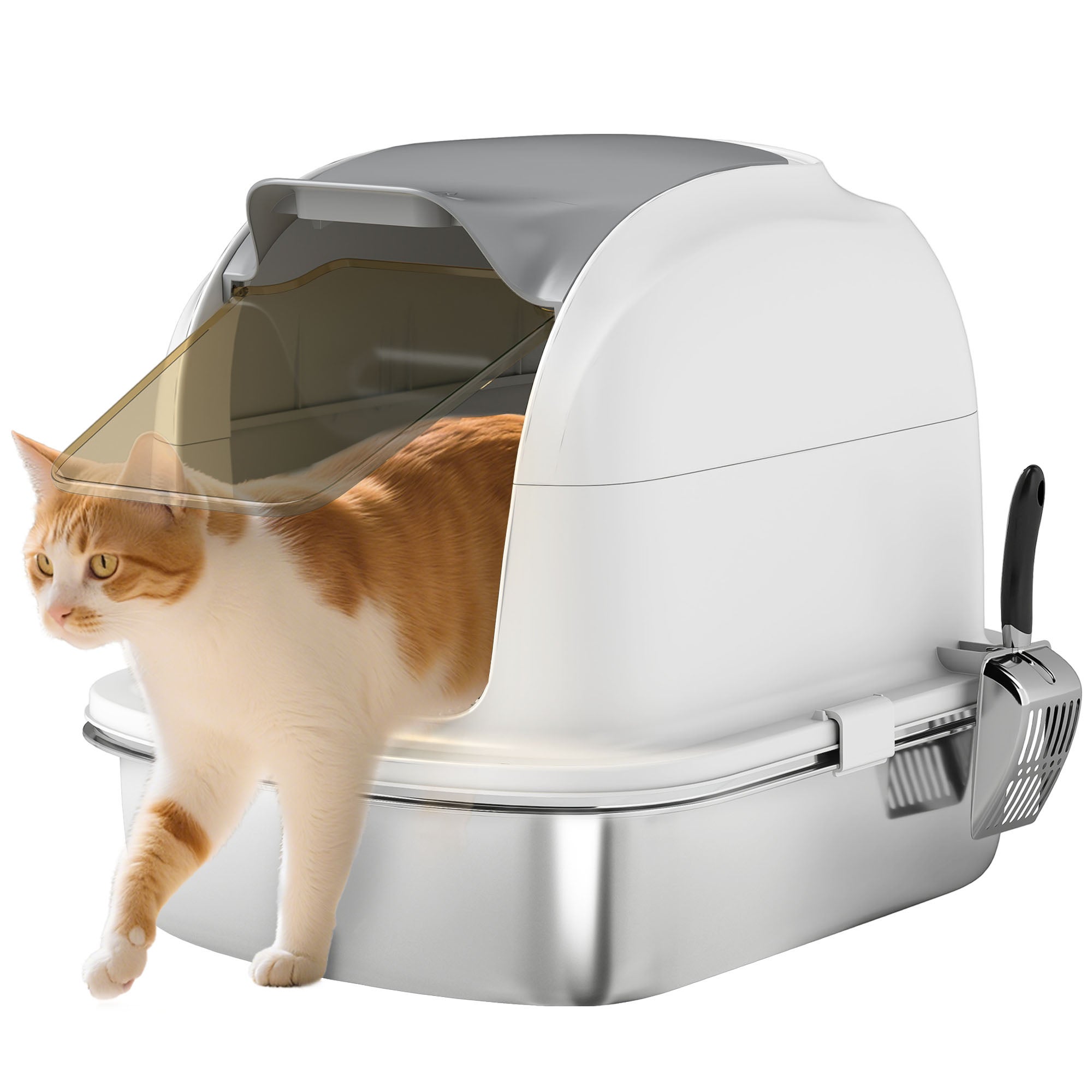 Bac à sable XL inox pour chat avec couvercle, côtés hauts et pelle ...