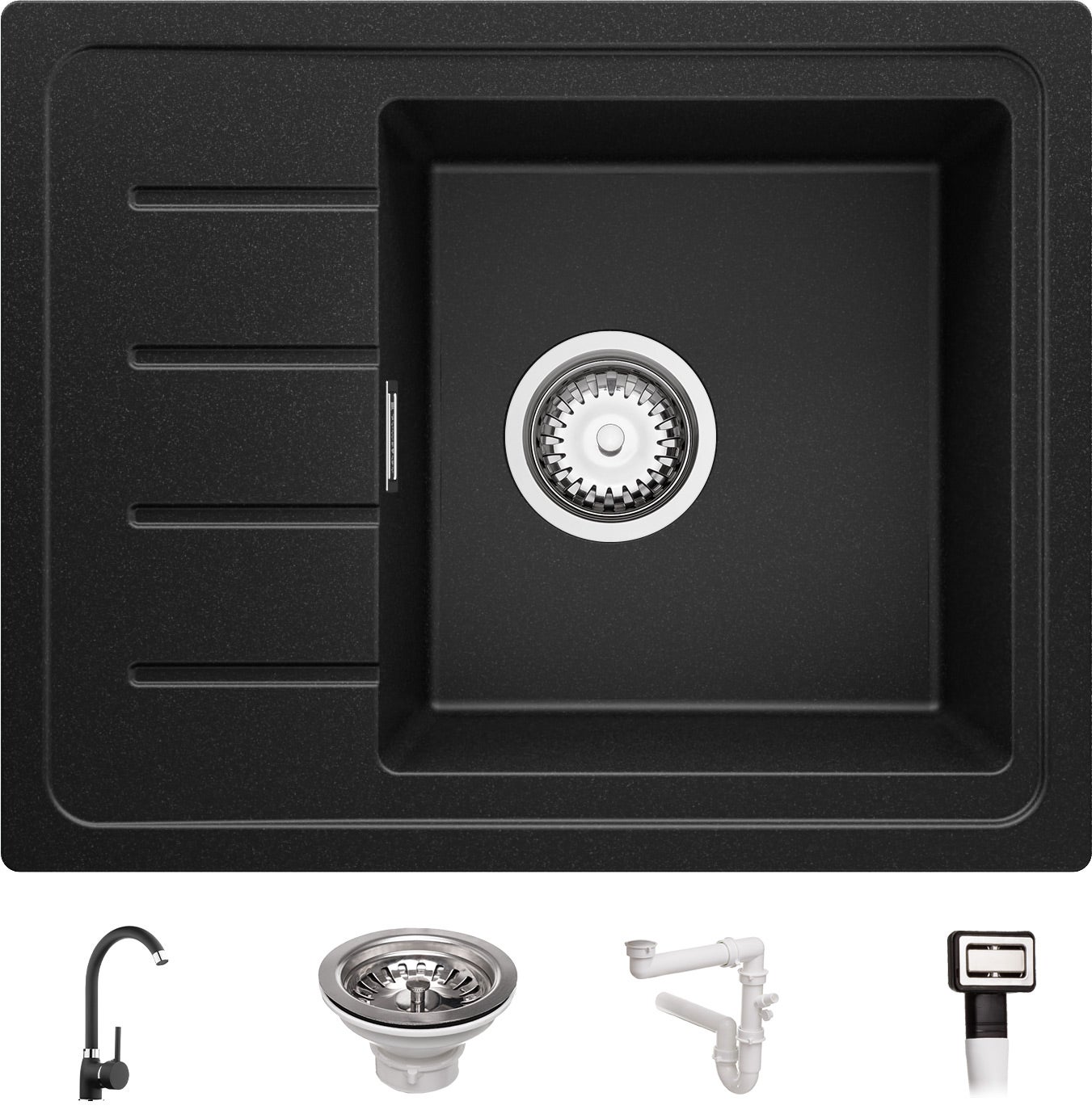 Evier Cuisine en Granit Noir 55x44cm, 1 bac + Kit de Vidage + Robinet ...