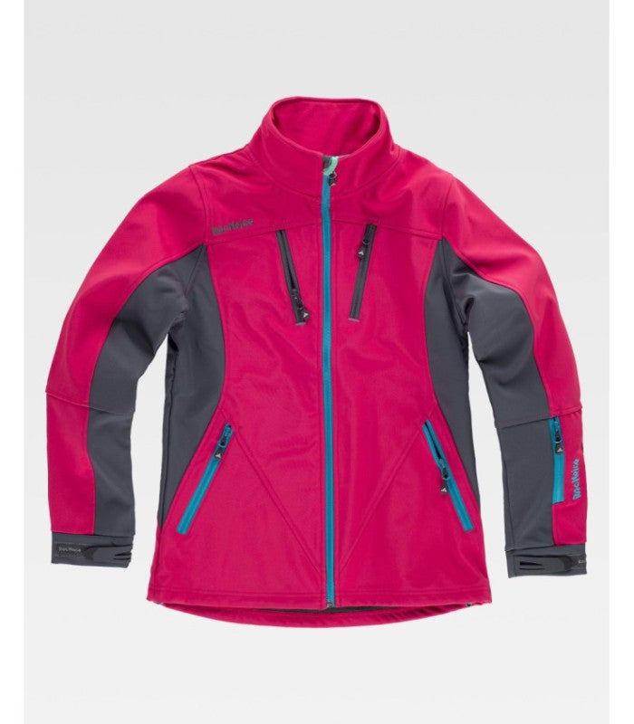 Softshell de mujer combinada tricolor. Cuello alto con cinta personalizada cubrecosturas en el ...