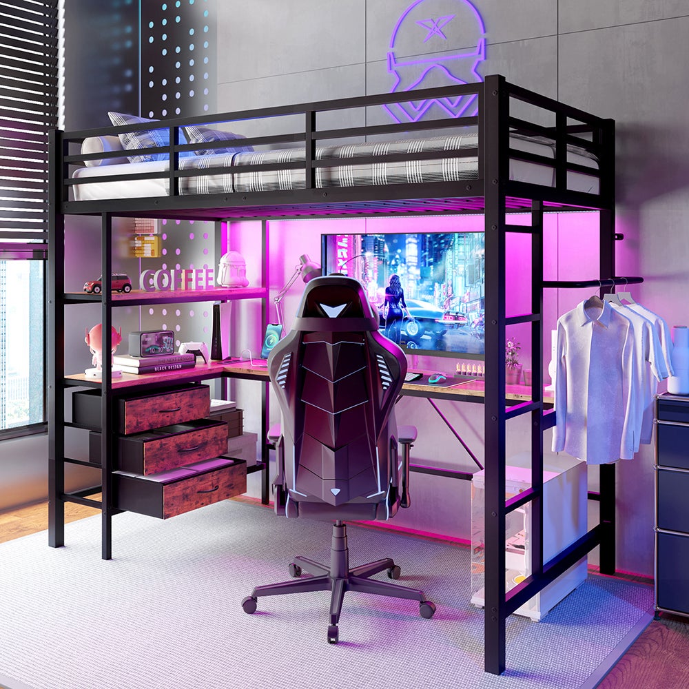 Lit mezzanine 90x200cm LED, bureau + 3 tiroirs/étagères, escalier (sans ...