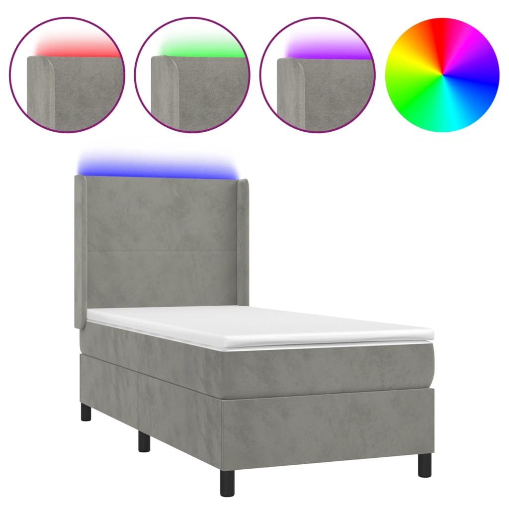 Letto box spring con materasso e luce LED velluto grigio 80x200 cm ...