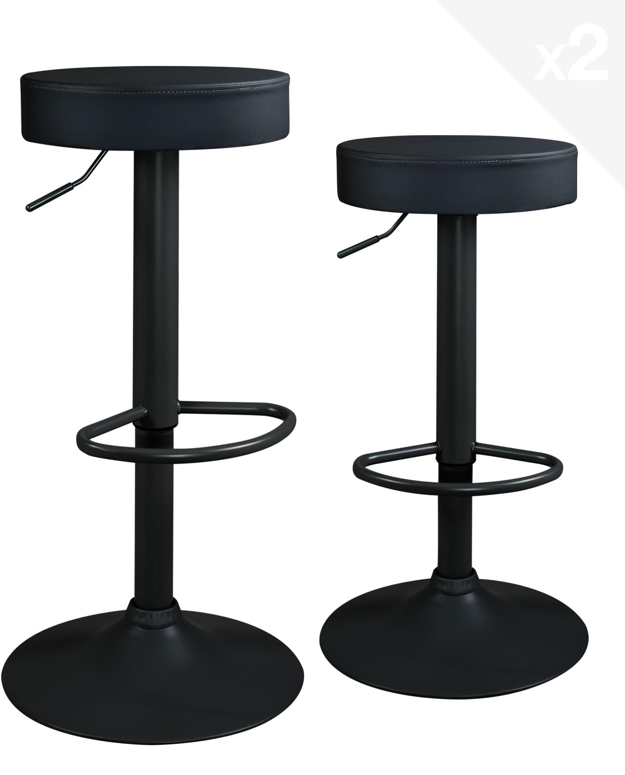 Lot 2 tabourets bar noir rond, siège simili rembourré, pivotant ...