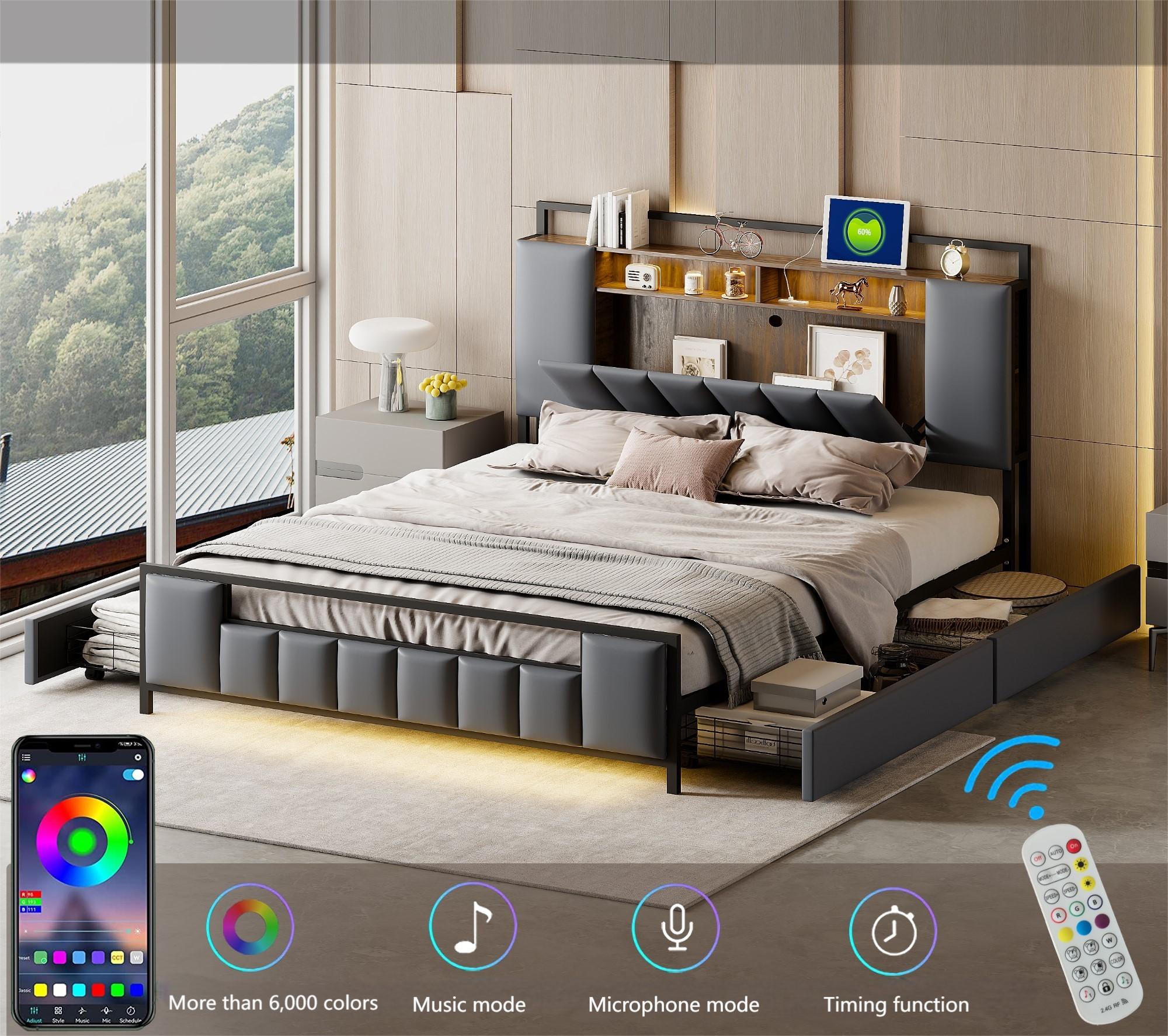 Lit adulte 160x200 cm en similicuir - avec LED et prise USB - 4 tiroirs ...