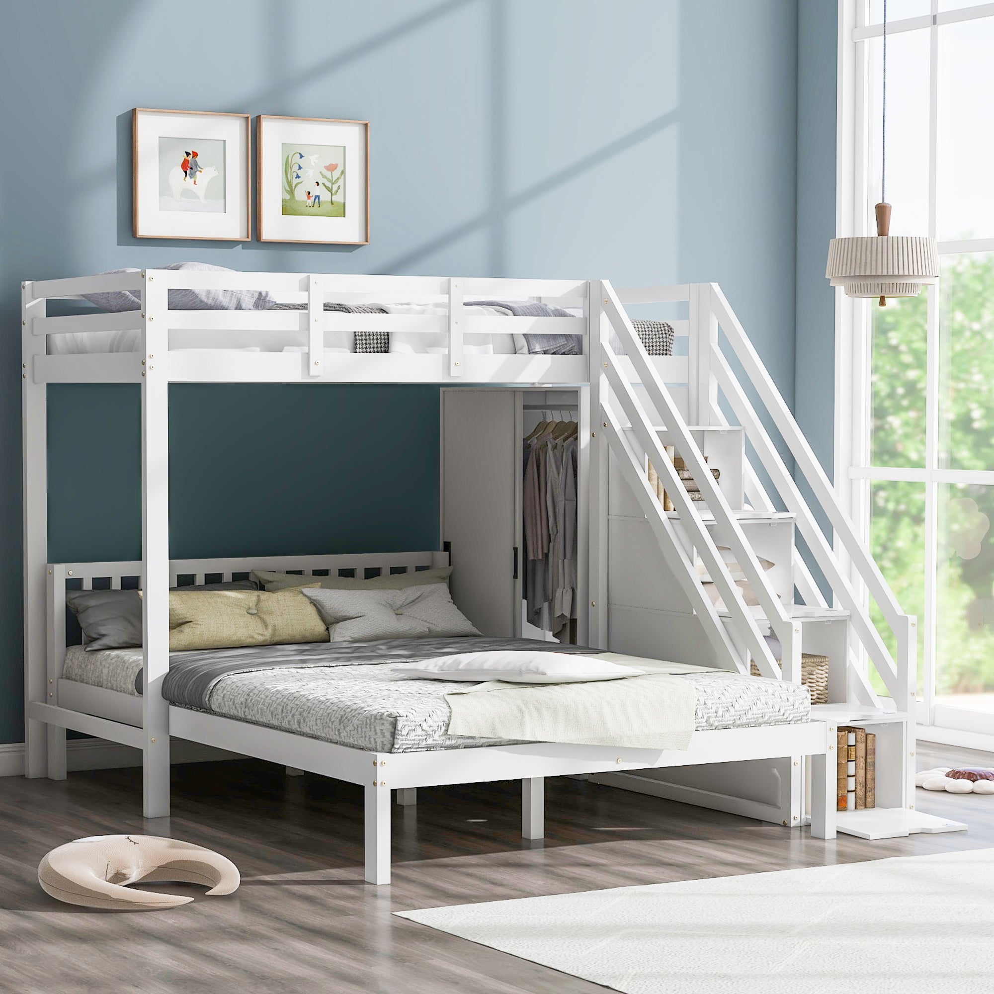 Lit superposé enfant 90x200 cm + 140x200 cm - avec armoire et escalier ...