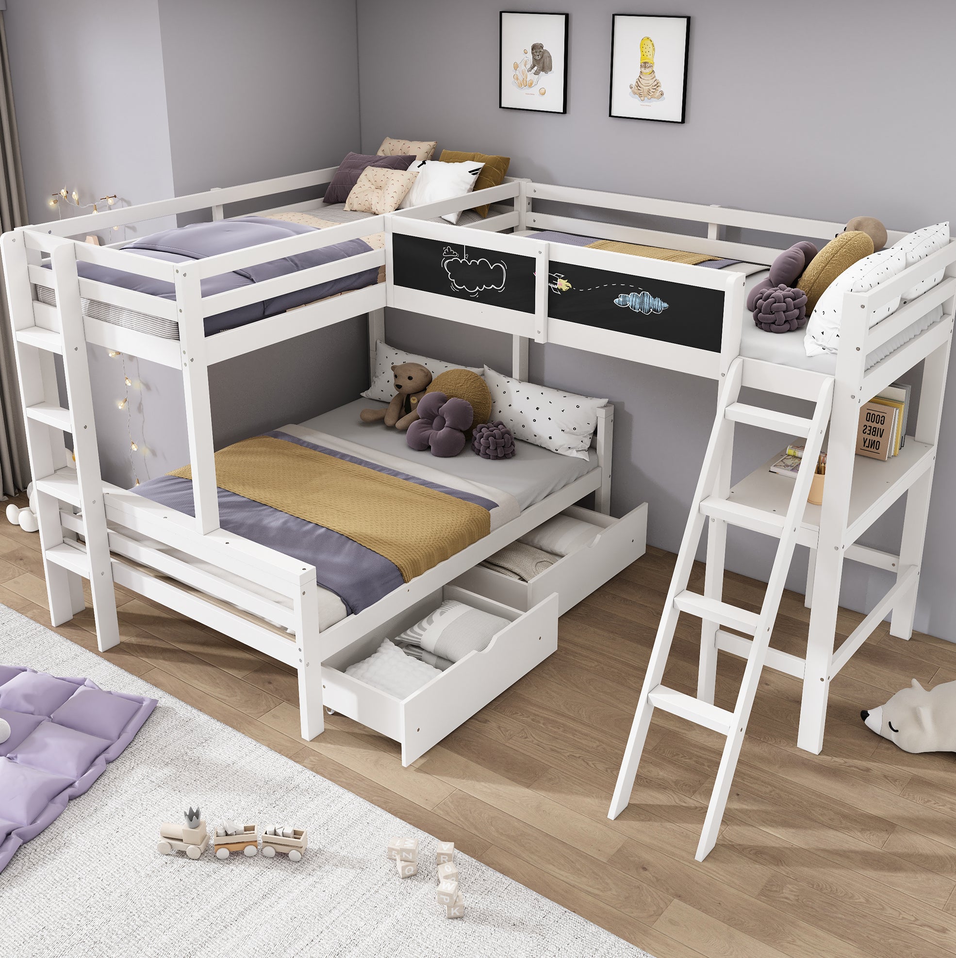 Litera infantil 3 camas 140x200 + 2x90x200 escritorio integrado cajones ...