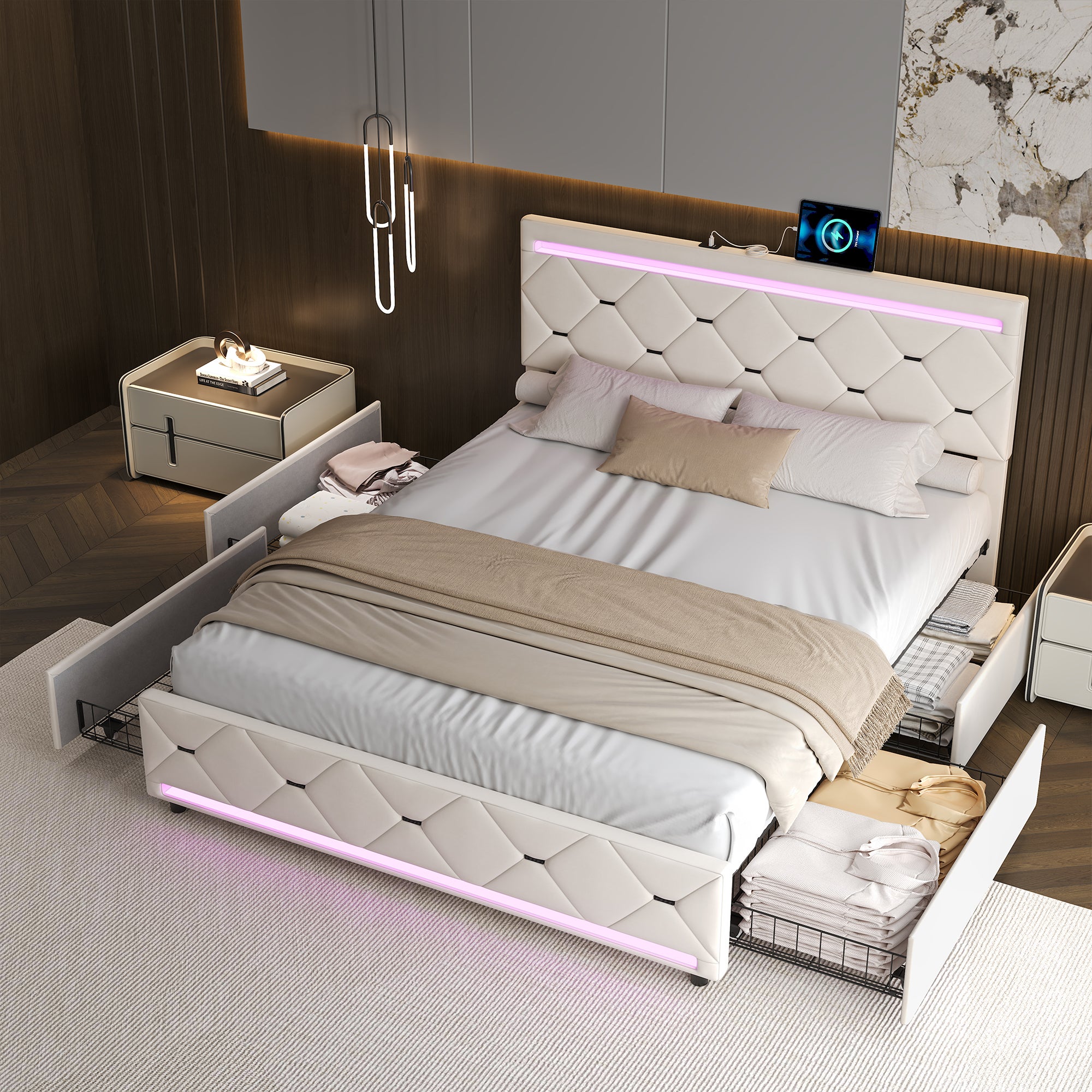 Cama doble de 140 x 200 cm con cajones y almacenaje, base de láminas y ...