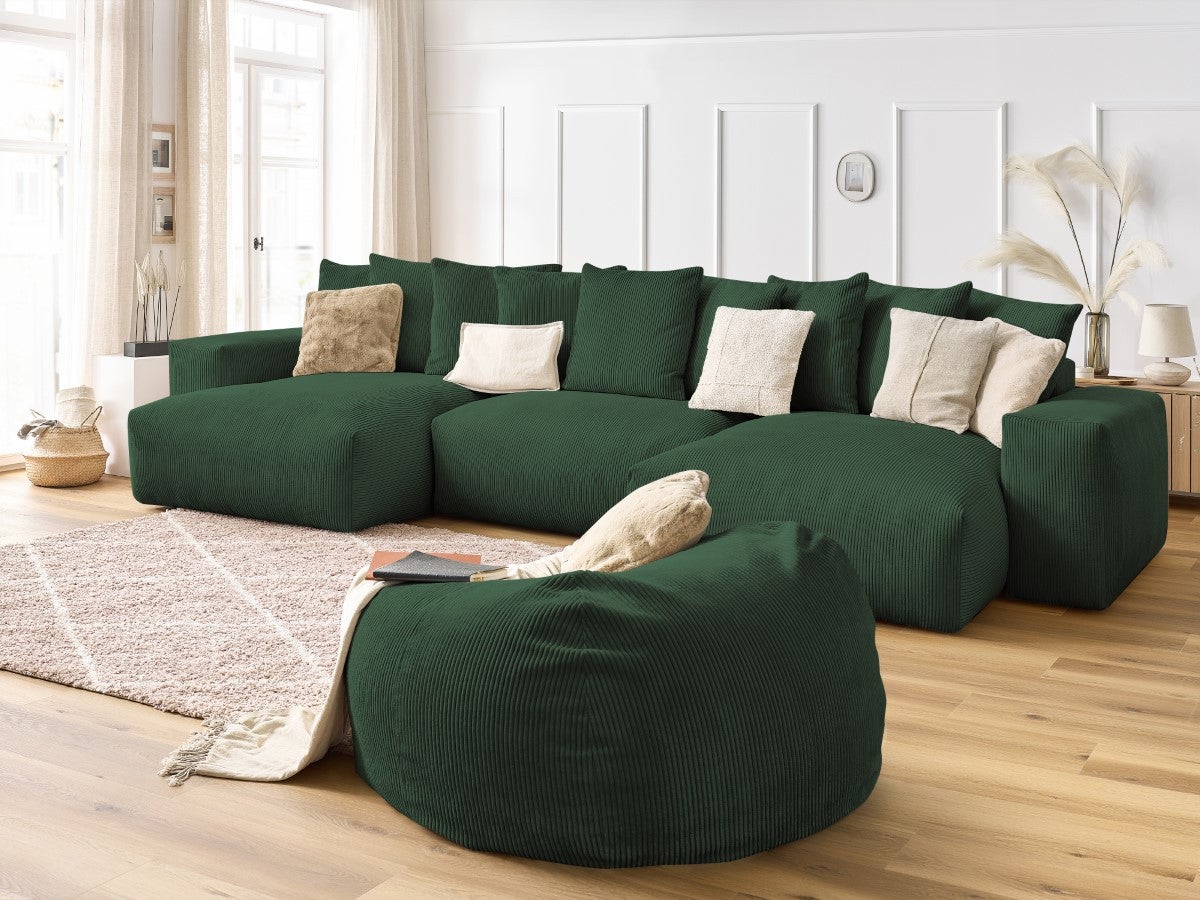 BOBOCHIC Canapé panoramique fixe VOLTAIRE velours côtelé avec pouf Vert ...