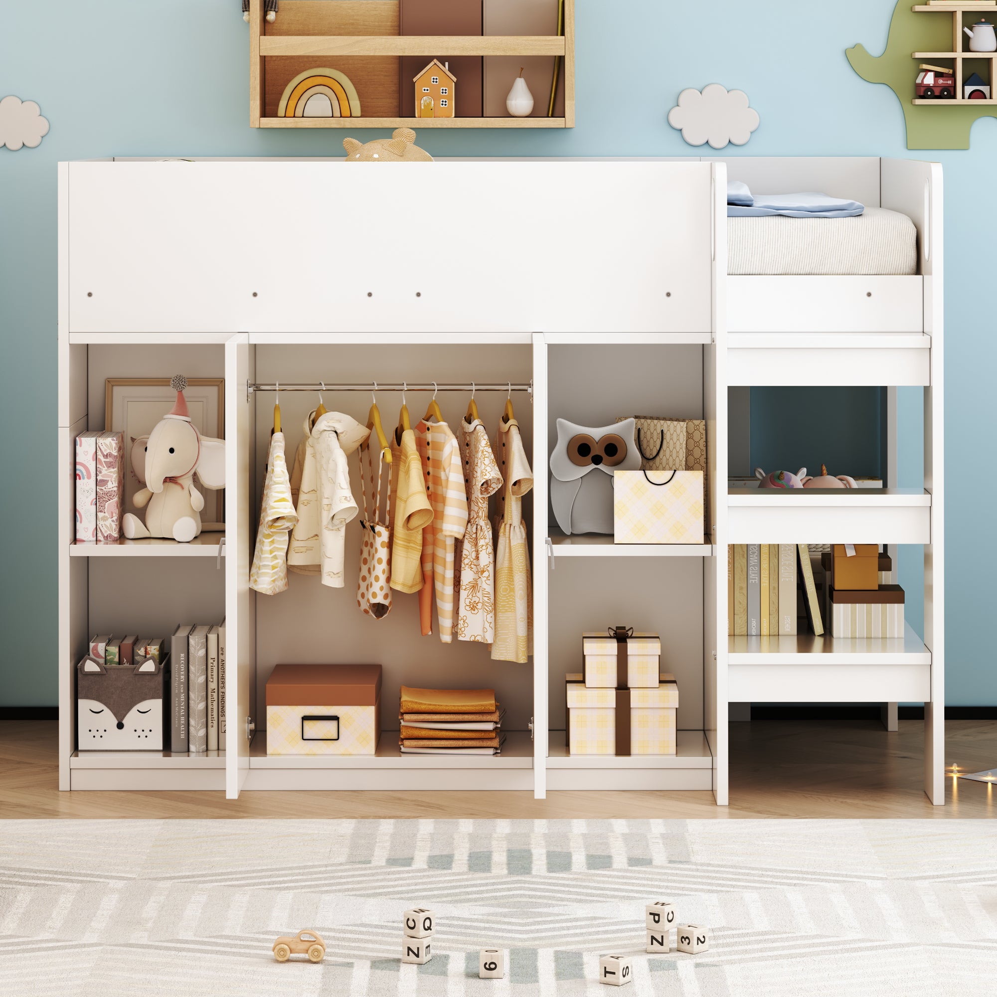 Cama alta multifuncional 90 x 200 cm - Con escalera, espacio de ...