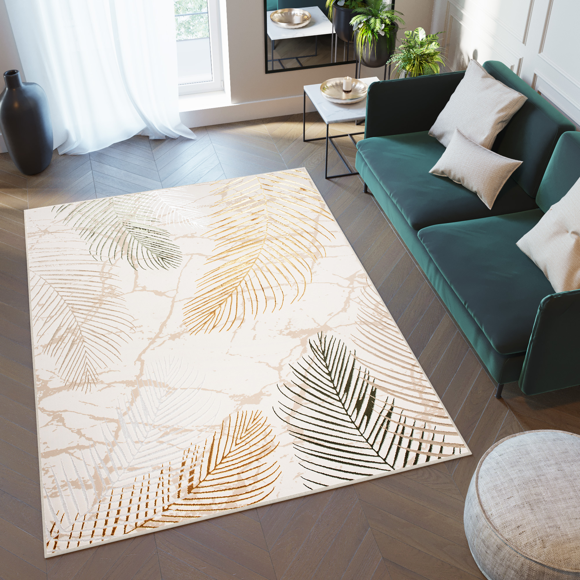 TAPISO Golden Tapis de Salon Moderne Crème Or Vert Beige Moucheté Motif Feuille de Palmier Doux ...