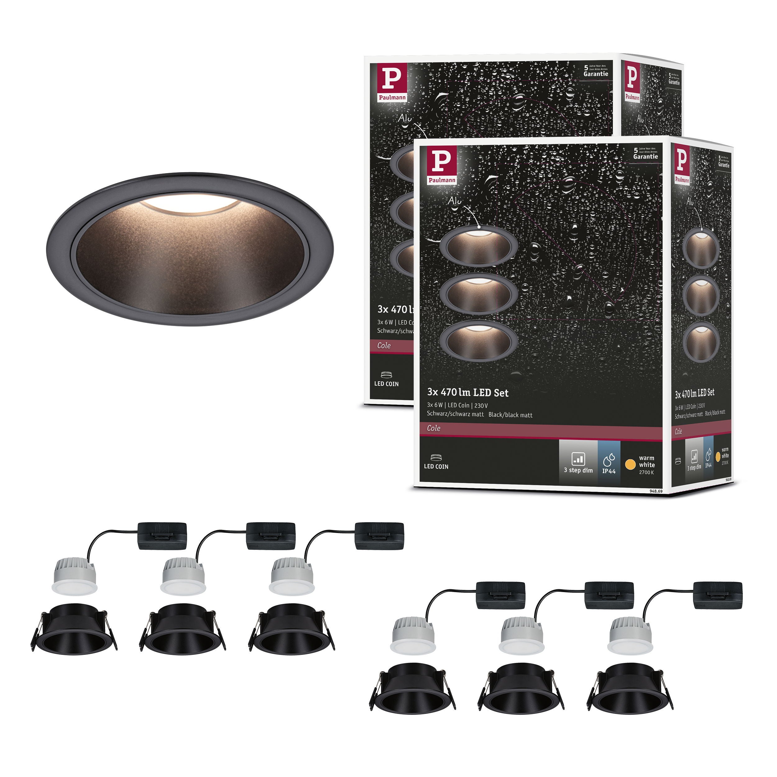 Kit Spot encastré LED Cole Coin Kit de 6 IP44 88mm Coin 6x6W 6x470lm ...