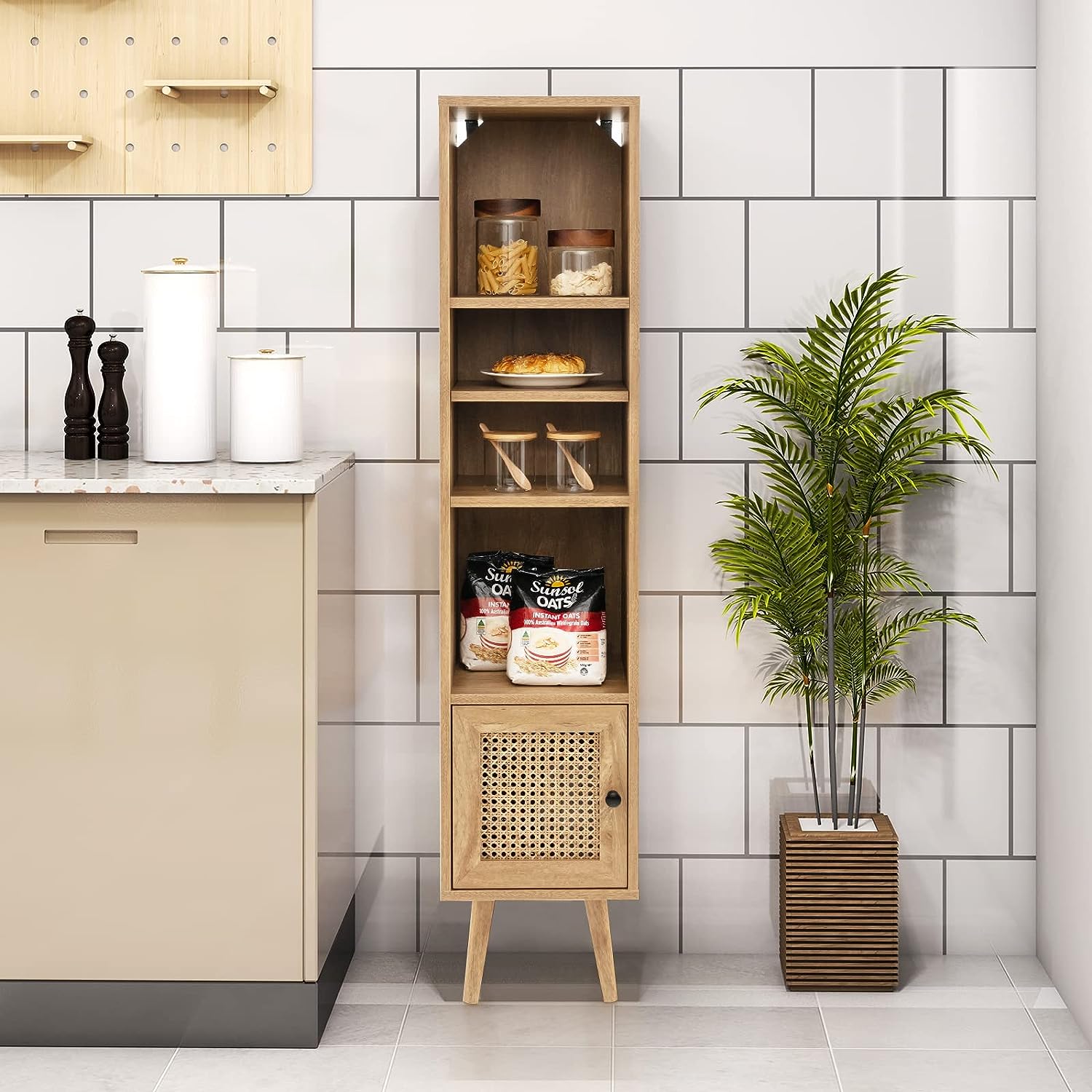 Libreria Scaffale con Anta in Rattan Naturale, Scaffale Legno in Stile ...