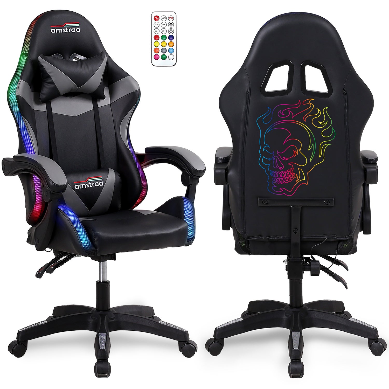 Amstrad AMS-900-LED-SKULL - Fauteuil gaming noir et gris - Serigraphie ...