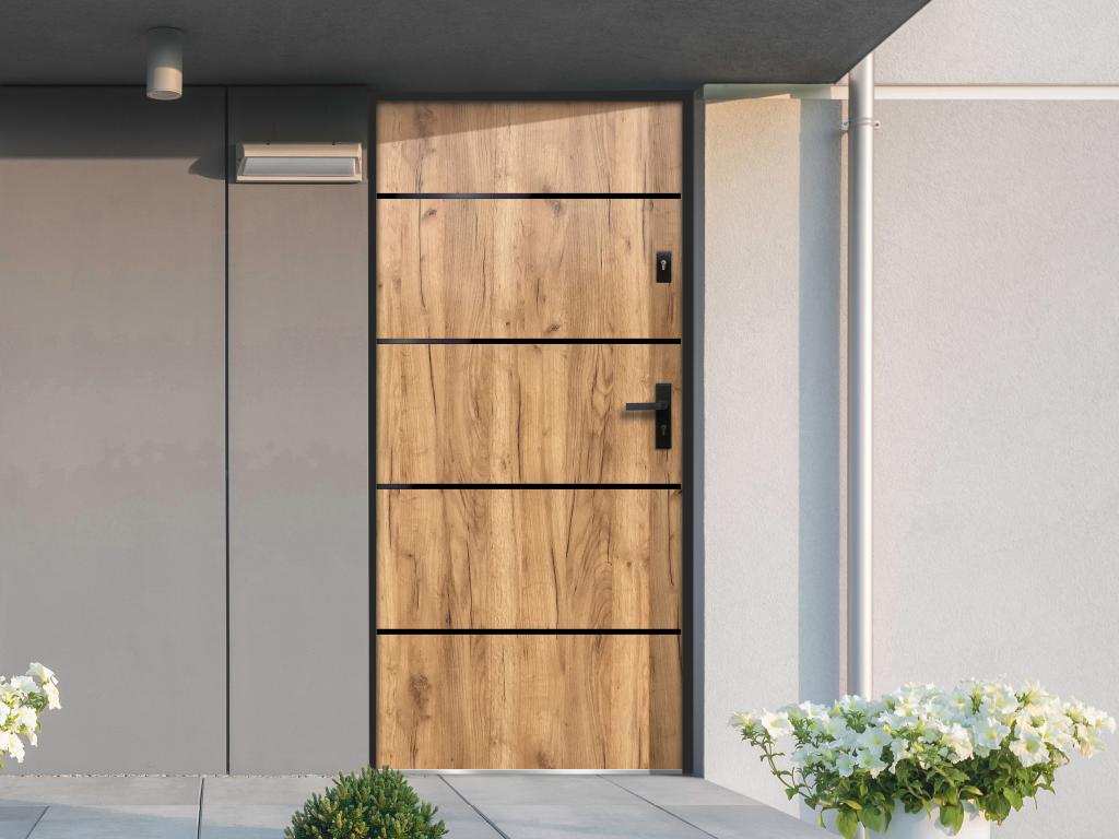 Porte d'entrée en acier pleine et inox H207 x L100 cm effet chêne ...