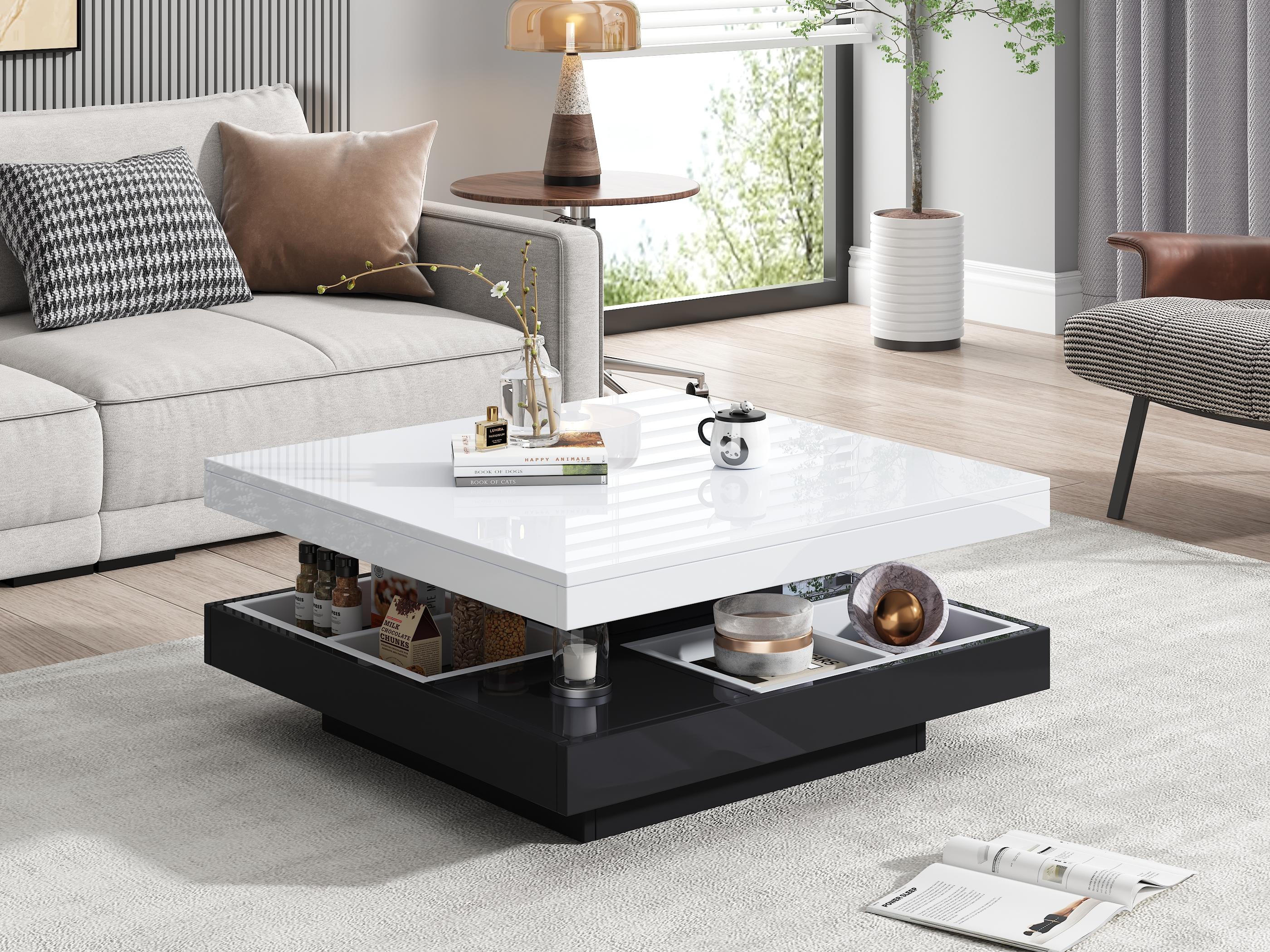 Stolik kawowy z miejscem do przechowywania 70x70x36 cm - błyszczący blat, obracany o 360 ...