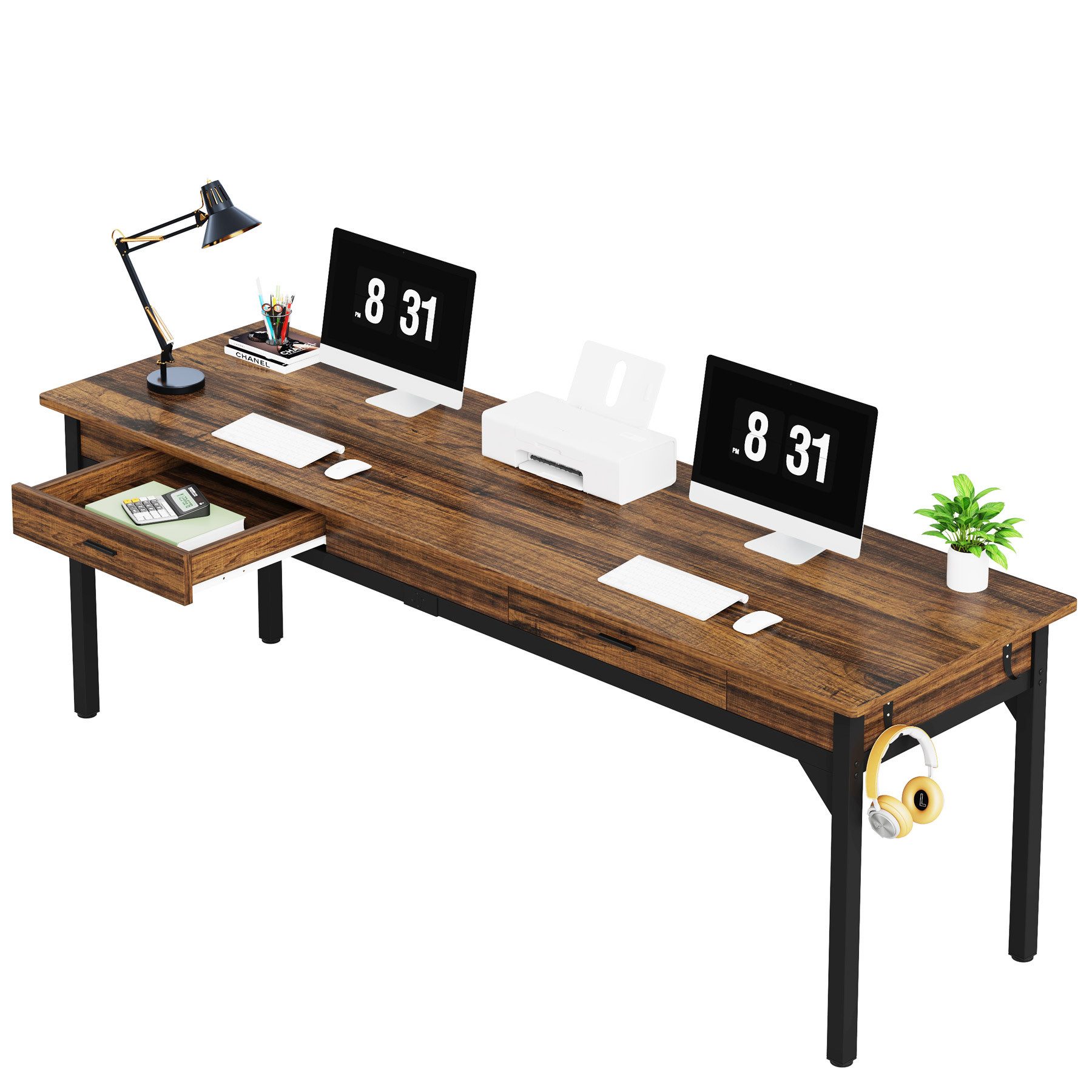 Bureau double 200cm de long table d'ordinateur avec 2 tiroirs, bureau ...