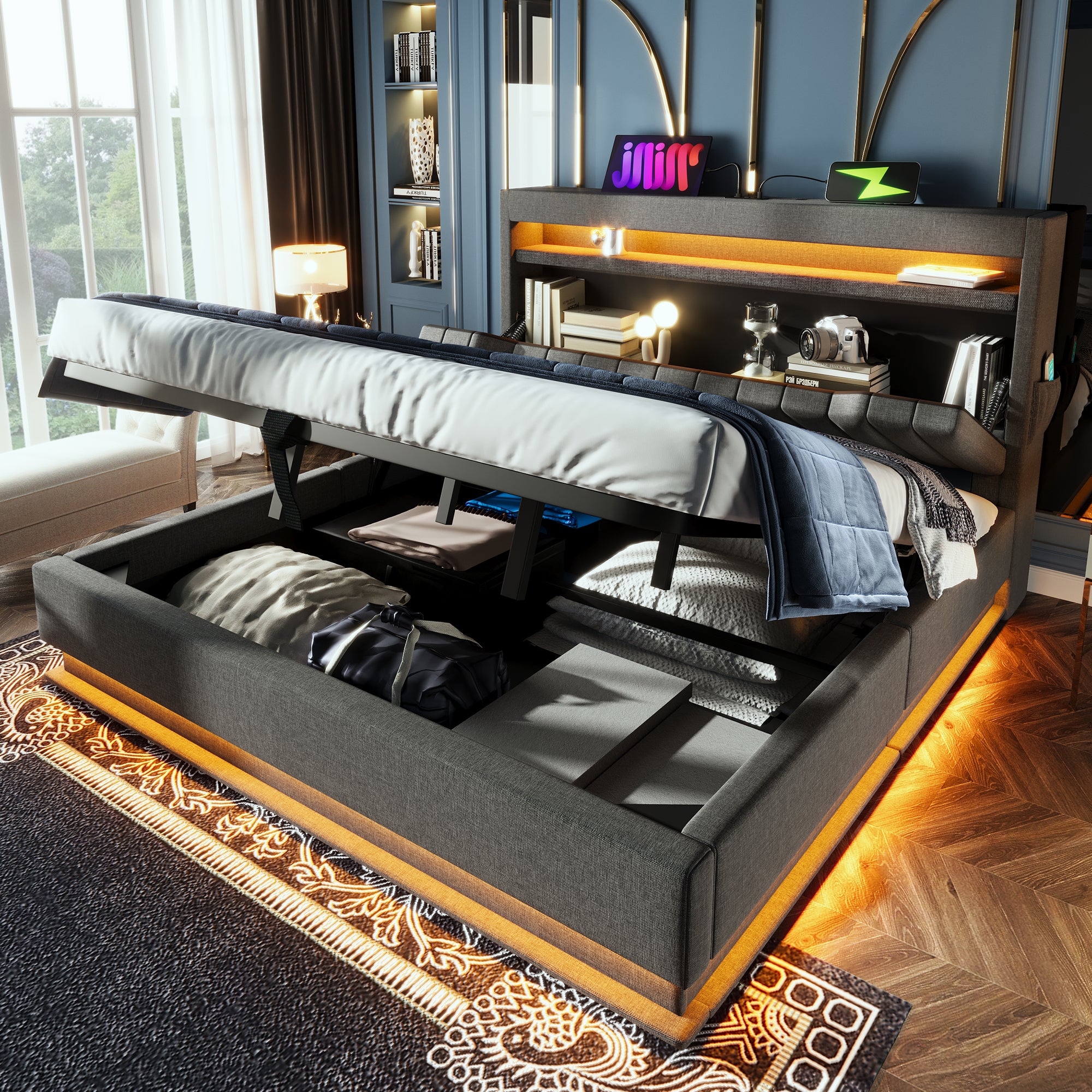 Cama con almacenamiento adulto 180x200 cm, cama doble con USB, Type-C ...