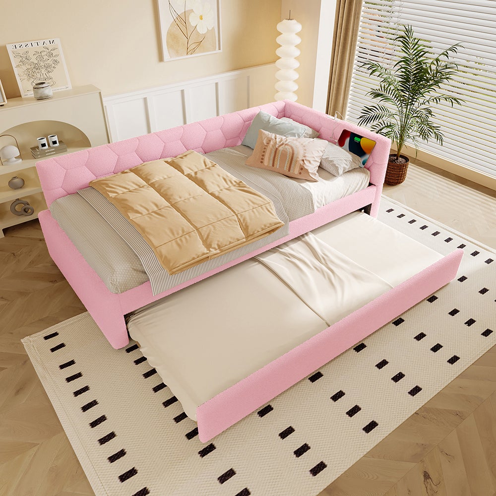 Lit repos 90x200cm, lampe chevet, USB/Type-C, gigogne, rose | Leroy Merlin