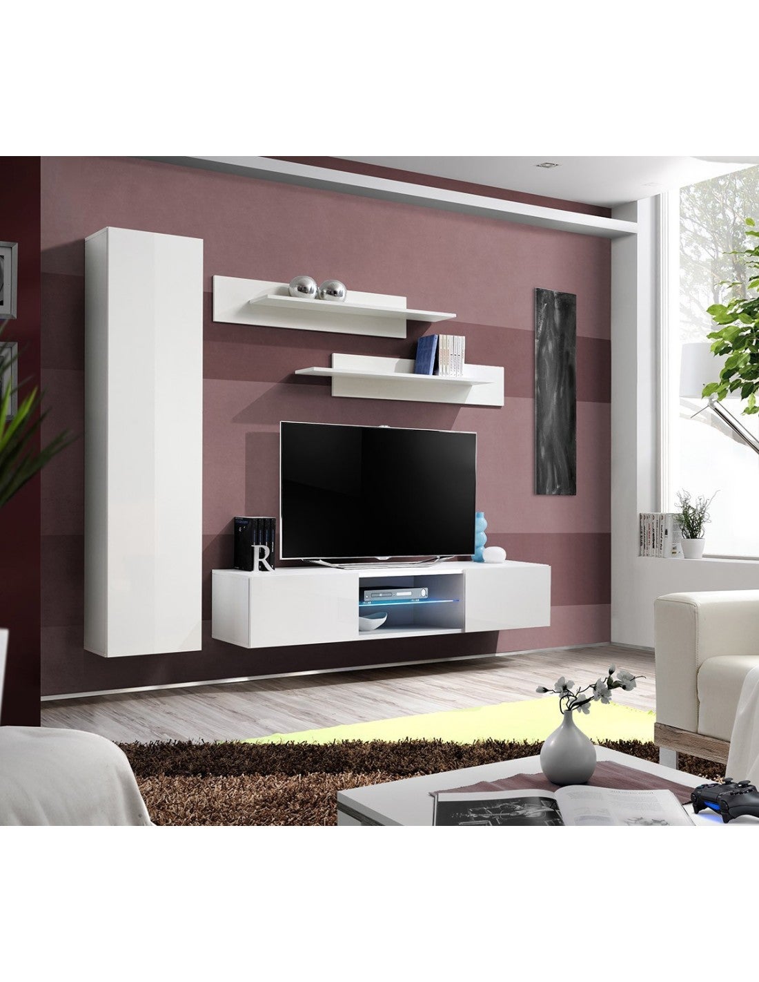 Ensemble Meuble TV FLY R1 avec LED. Coloris blanc. Meuble suspendu design pour votre salon ...