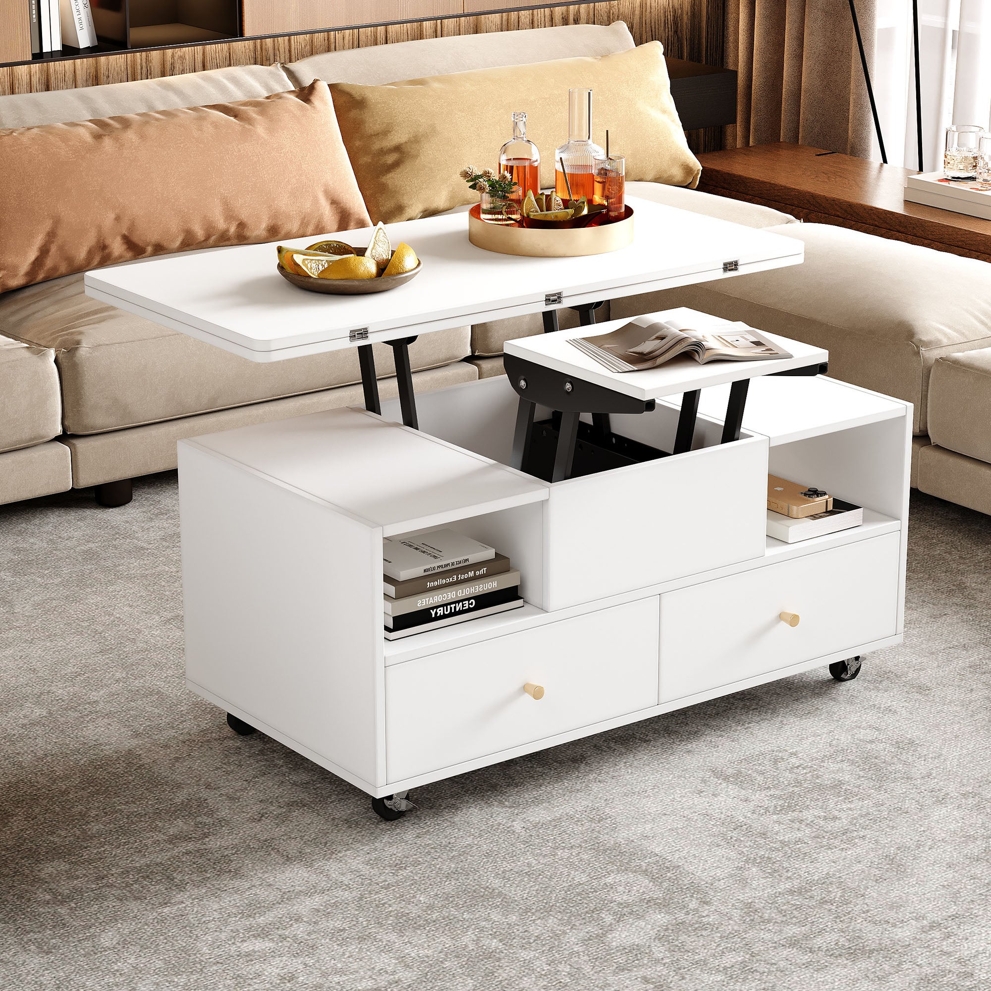 Table Basse Blanche Réglable en Hauteur Pliable | 100x50x47,5cm | 4 ...