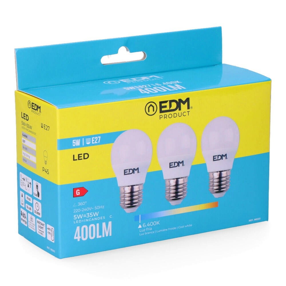 Kit 3 Bombillas LED EDM Esféricas E27 5W 400lm 6400K Luz Fría Ø4,5x8cm ...