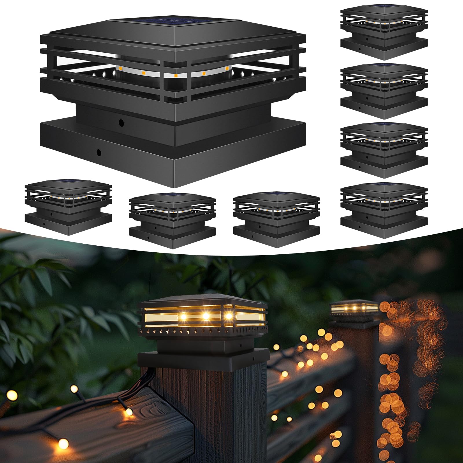 8 Pack Solar Post Lights, Outdoor Fence Post Cap Light Solar Powered ...