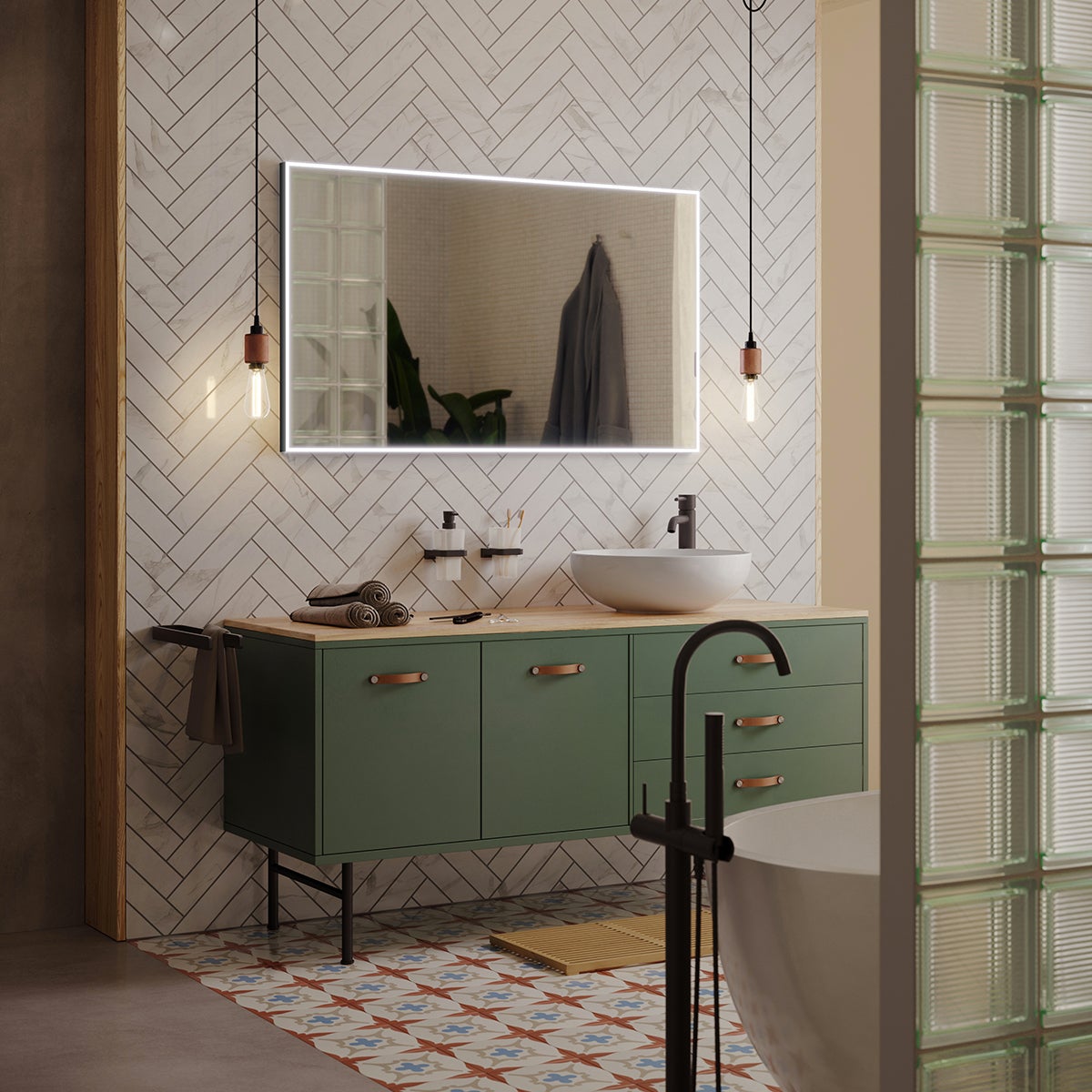 Miroir Lumineux Avec Éclairage Intégré, L.80 Xh.70 Cm, Cadre NOIRE MATE ...