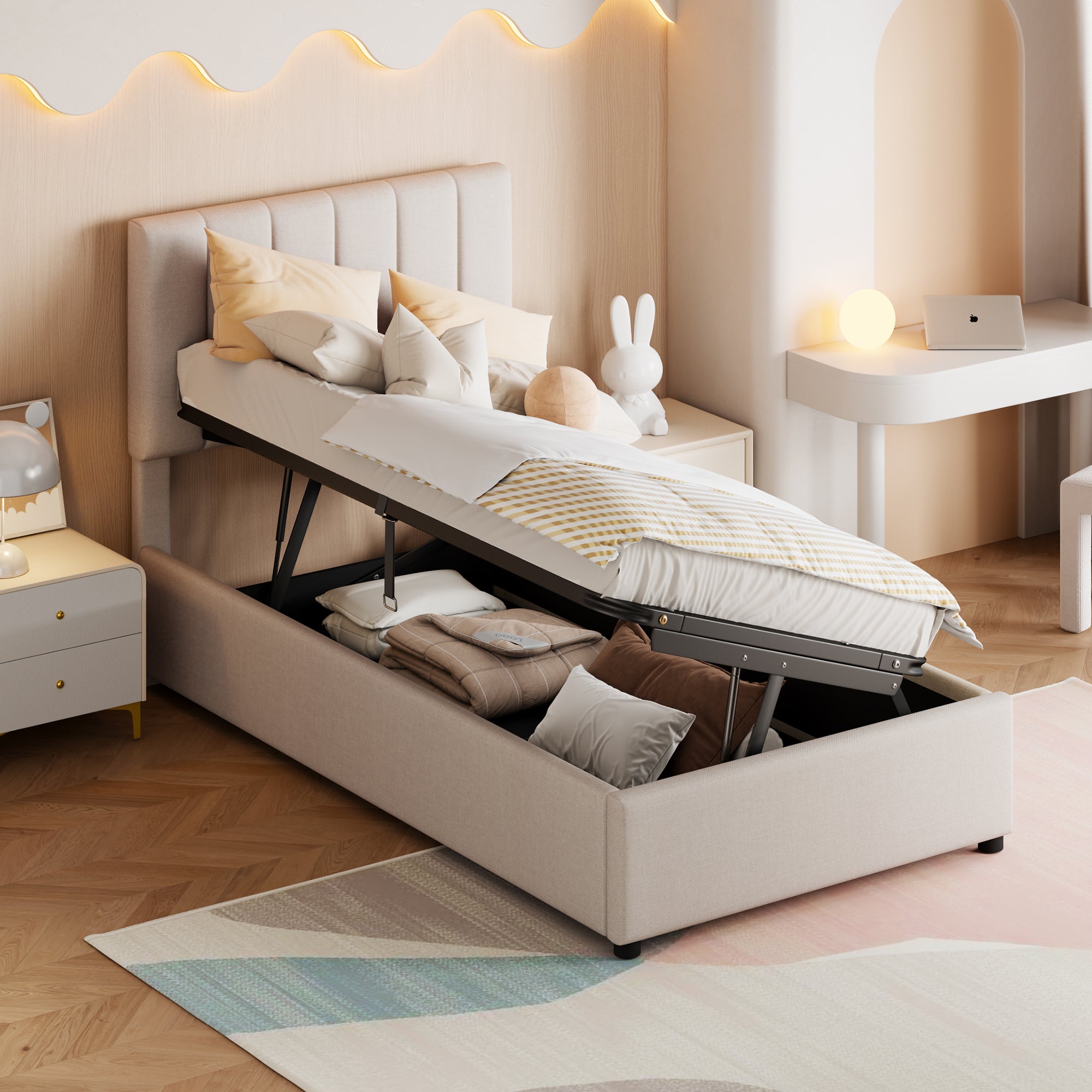 Cama con canapé tapizada en tela de lino - 90 x 200 cm - Beige | Leroy ...
