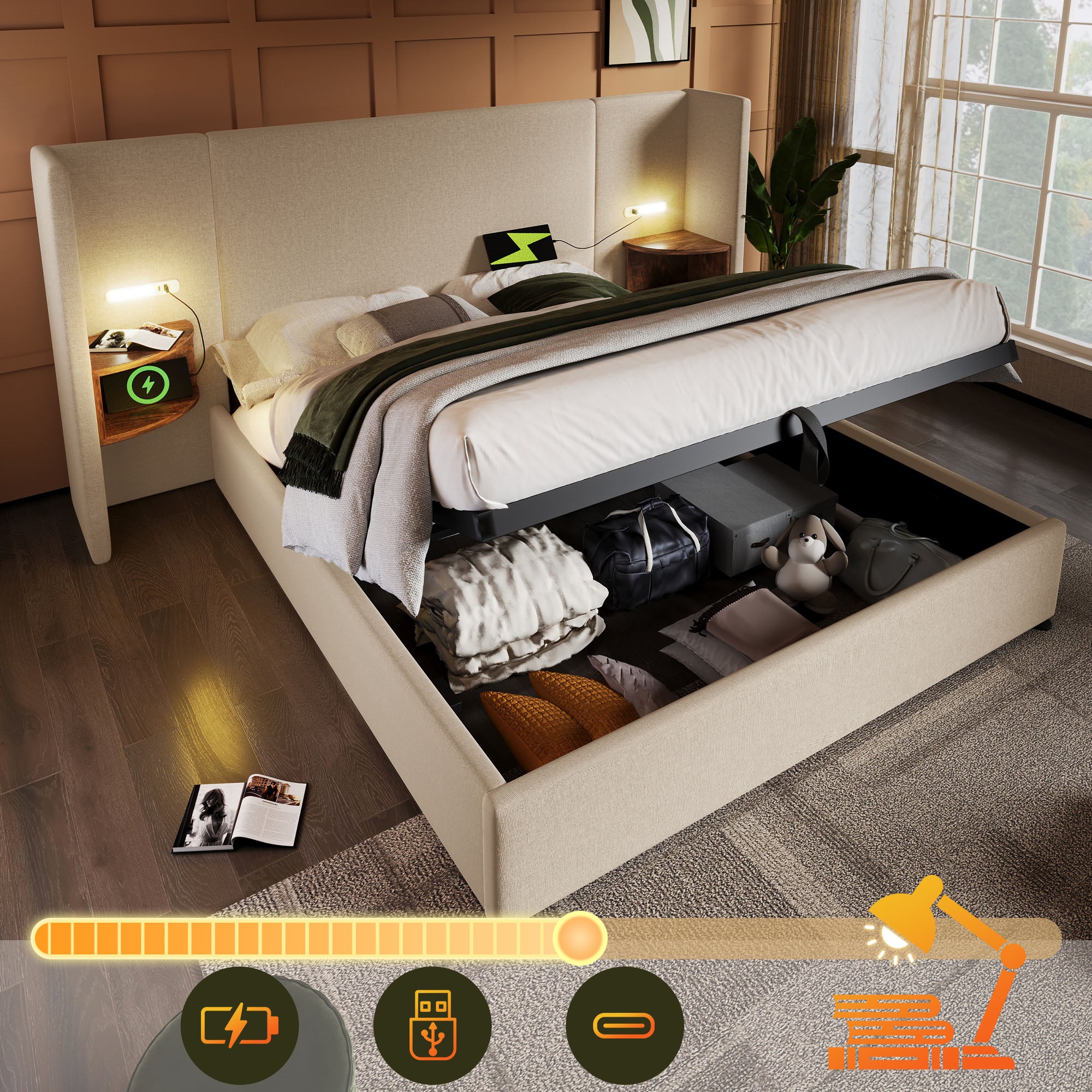 Lit rembourré double 160×200cm lin beige, table de chevet, lampe ...