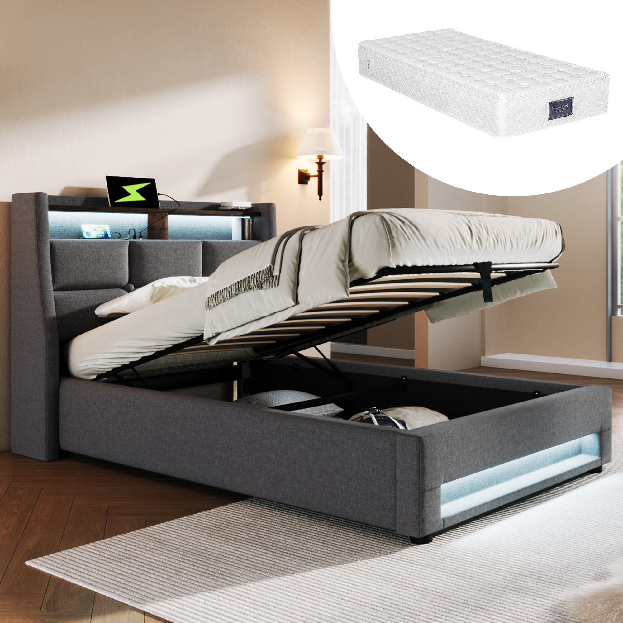 Lit simple 90×200 cm gris, USB-C LED, tiroirs rangement, cadre métal ...