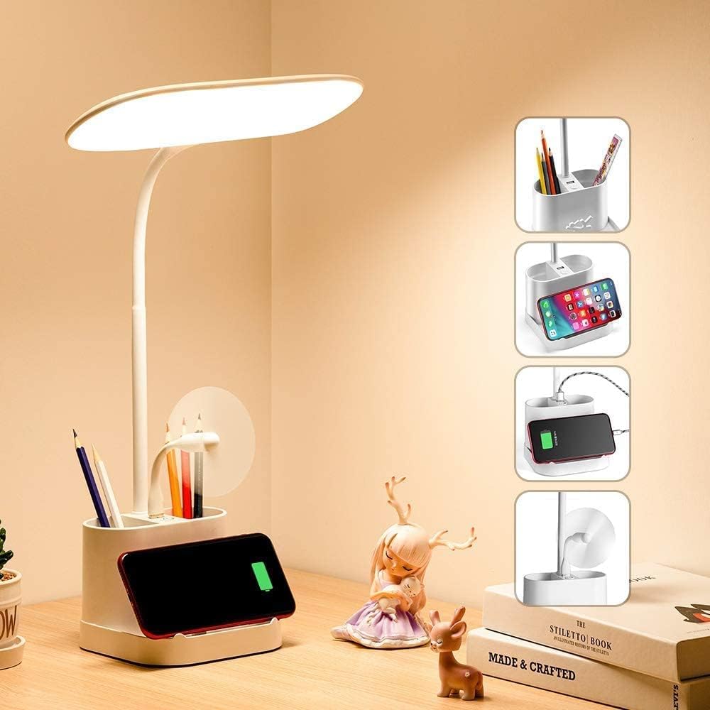 Lampe de Bureau Rechargeable avec Port de Charge USB/Porte Stylo blanc ...