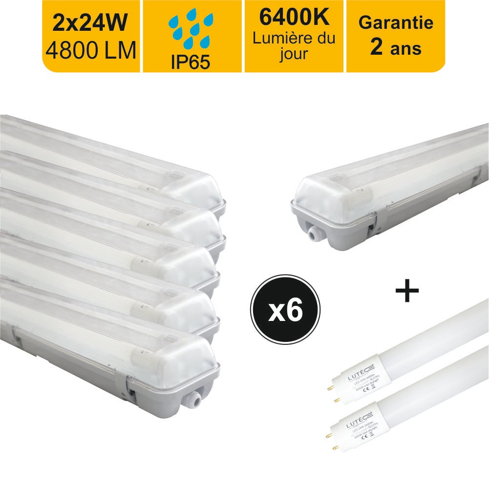 Lot de 6 boitiers étanche traversant IP65 150cm + 2 tubes LED 2x24W 4800lm 6500K - garantie 2 ...