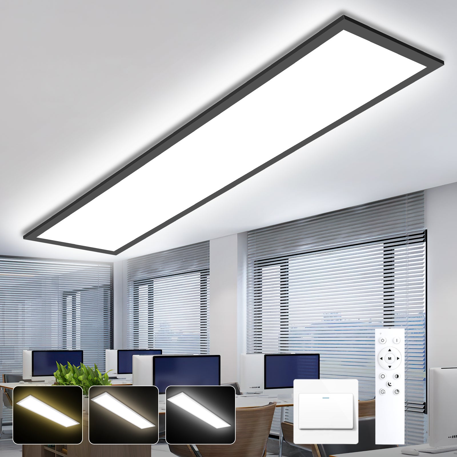 30W Panel LED 100cm Negro, Plafón LED, Tira LED CCT Regulable, Mando ...