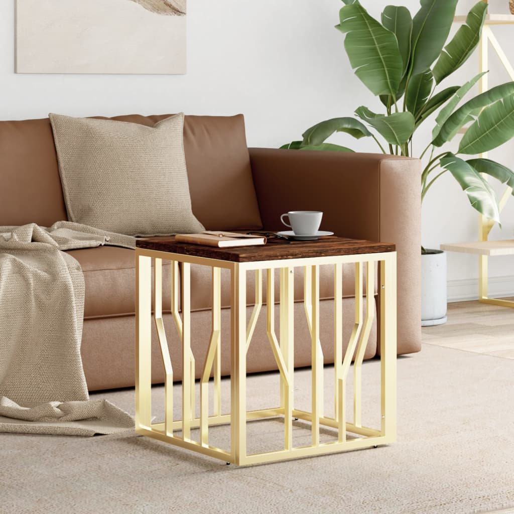 Mesa De Centro Acero Inoxidable Madera Maciza Reciclada Dorada Leroy