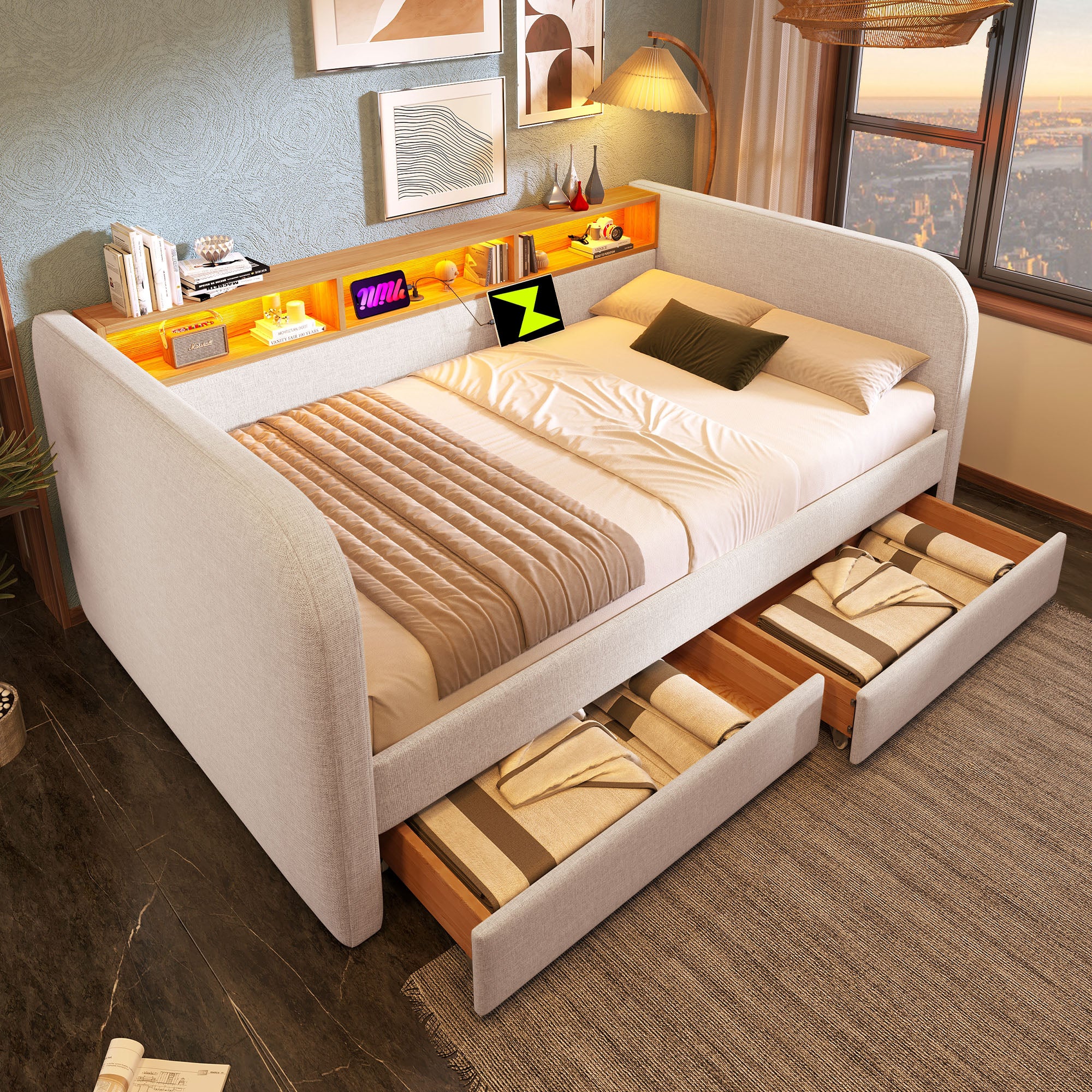 Lit Banquette 140x190 cm avec Ports USB,C, LED et Tiroirs , Lit Double ...