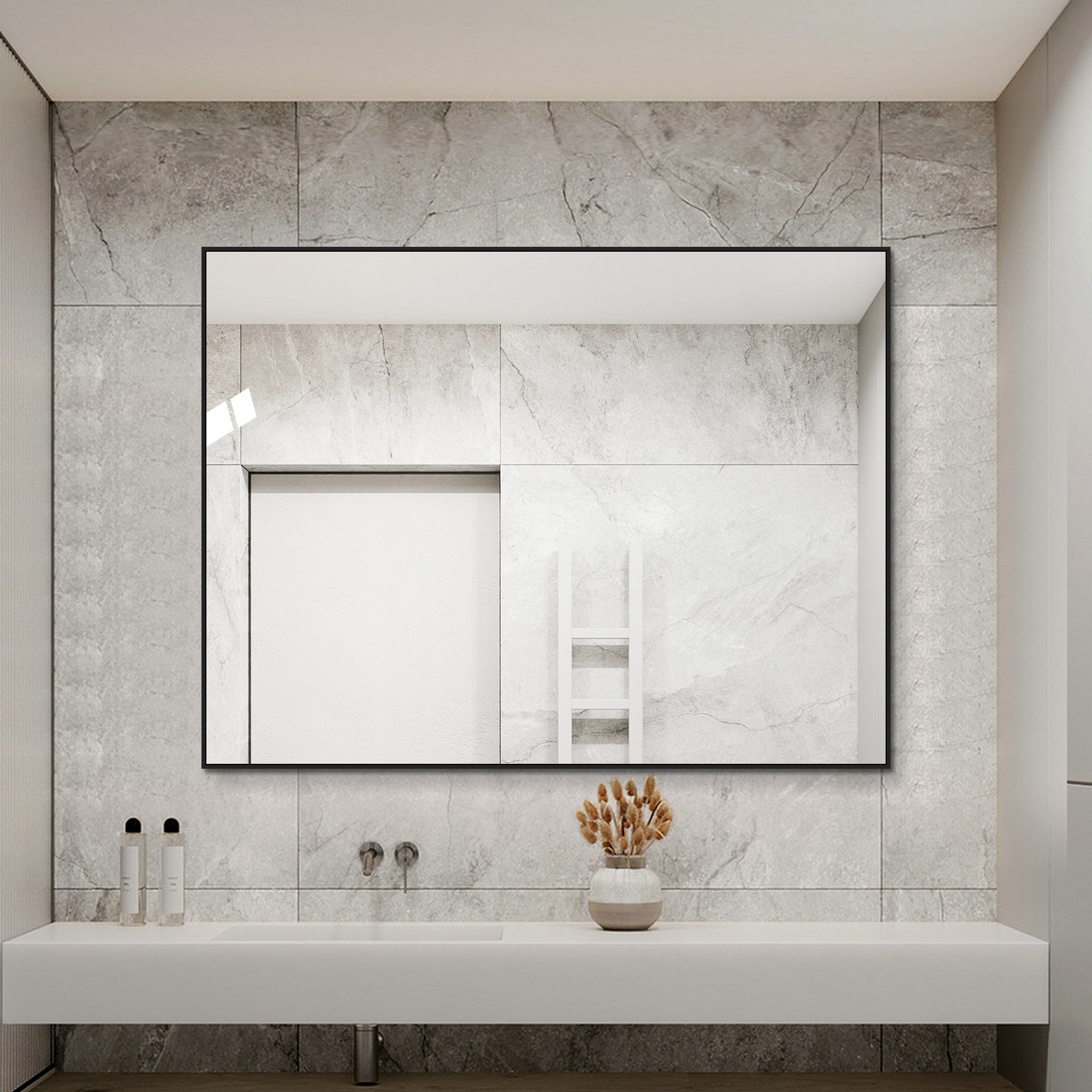 Miroir Salle de Bain Mural Anti-Éclat HD 60x80 cm Aluminium Noir ...