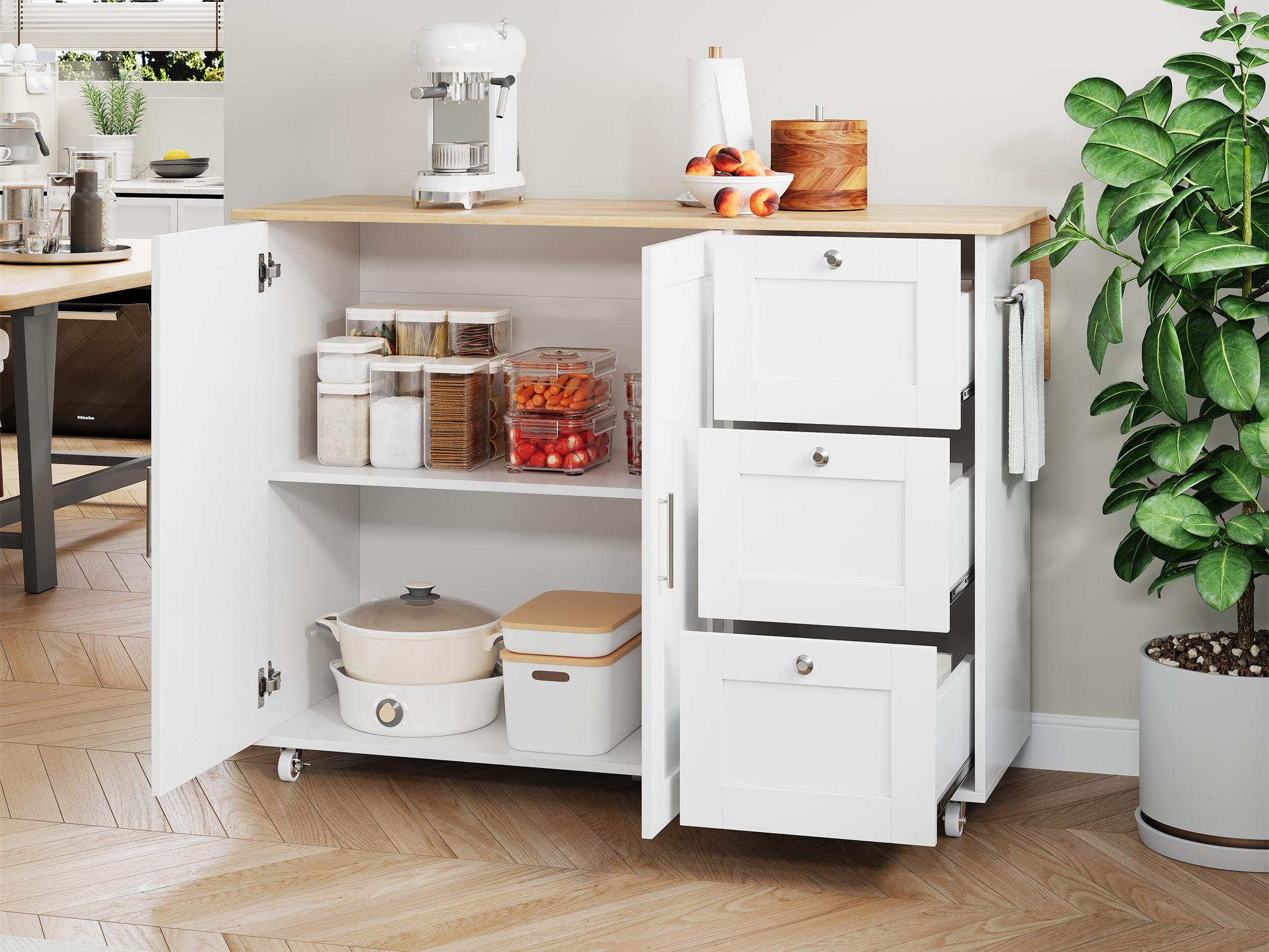 Ilot central de cuisine - avec comptoir pliant - 3 tiroirs et étagères ...