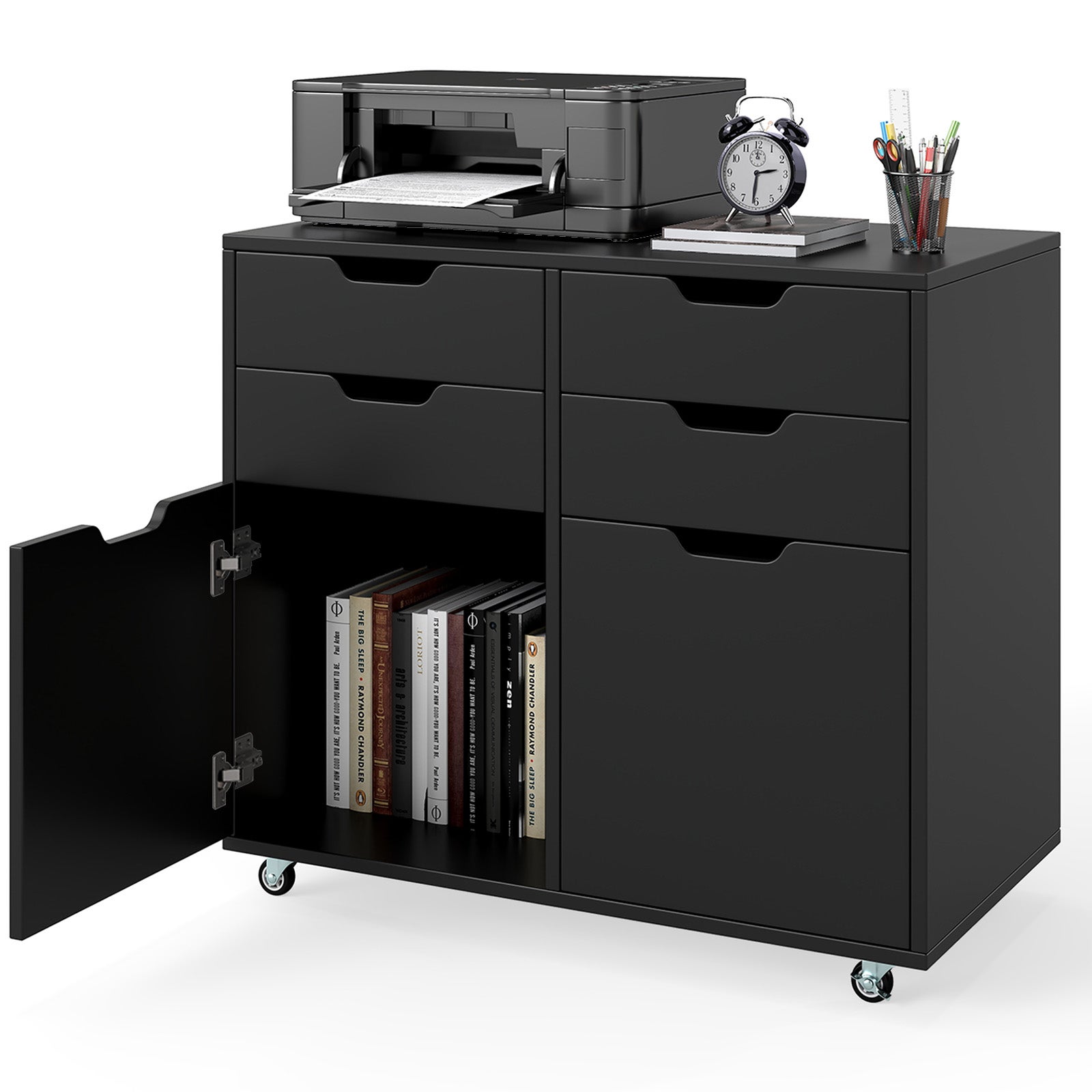 Commode à 4 Tiroirs avec 2 Portes, Caisson de Bureau avec 5 Roues ...