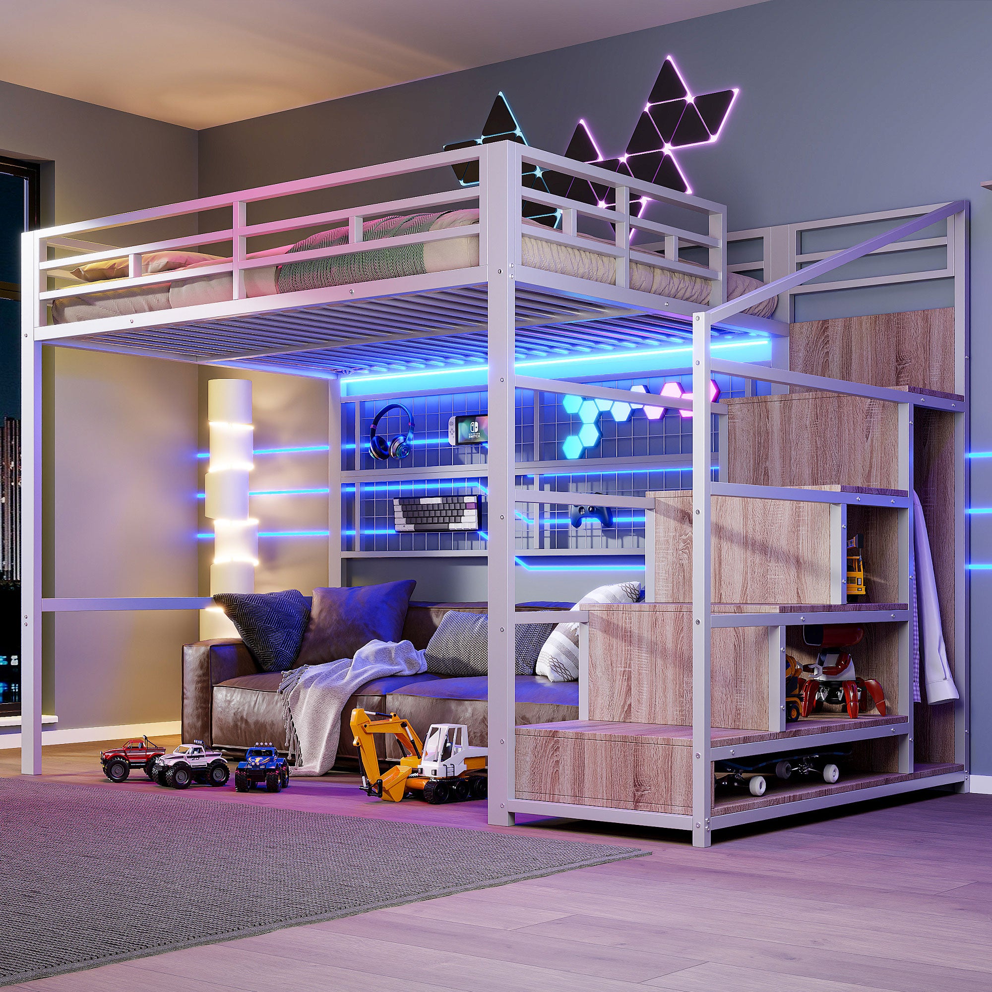 Lit mezzanine 140 x 200 cm avec grille, échelle de rangement et armoire ...