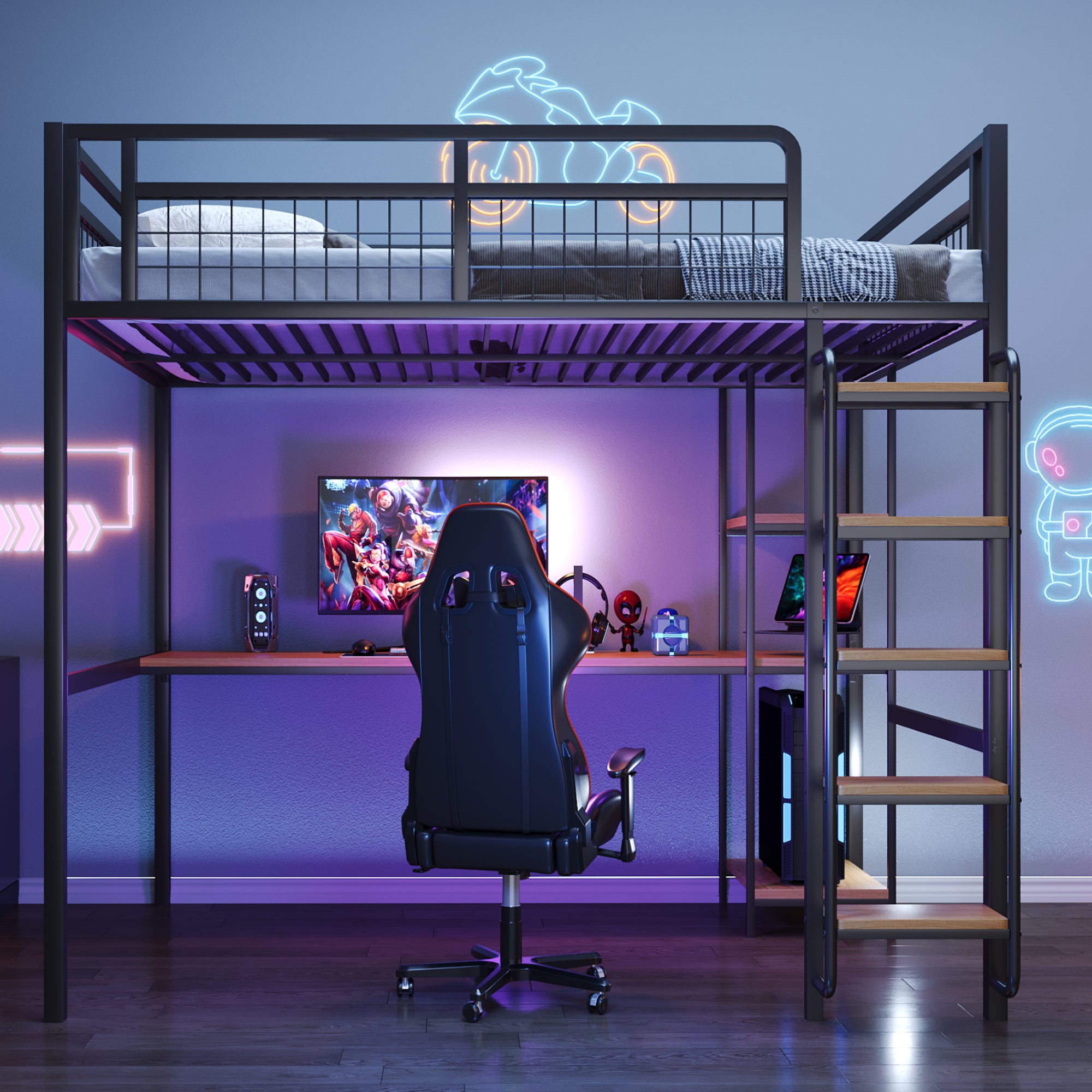 Lit mezzanine métallique 140x200 - avec échelle et marche, table ...