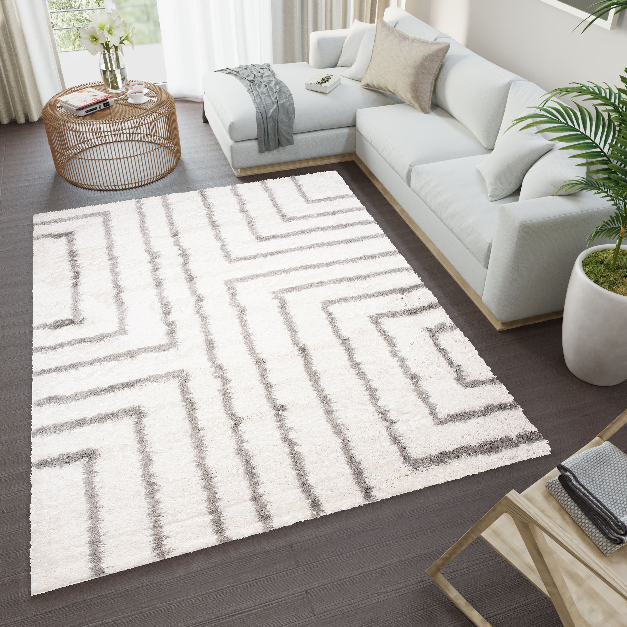 TAPISO Evra Alfombra Salon Sala Crema Gris Géométrique Shaggy Pelos ...