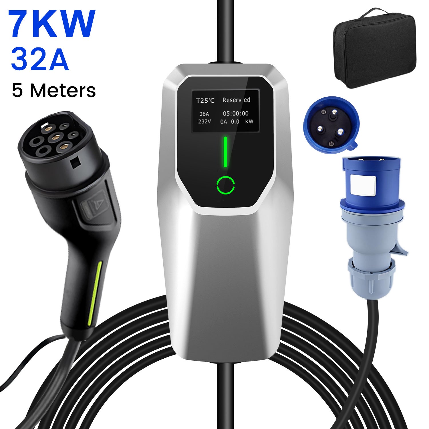 AWESAFE Cargador Portátil para Coches Eléctricos 7 kW 32A Monofásico Type 2 - Cable 5m con ...