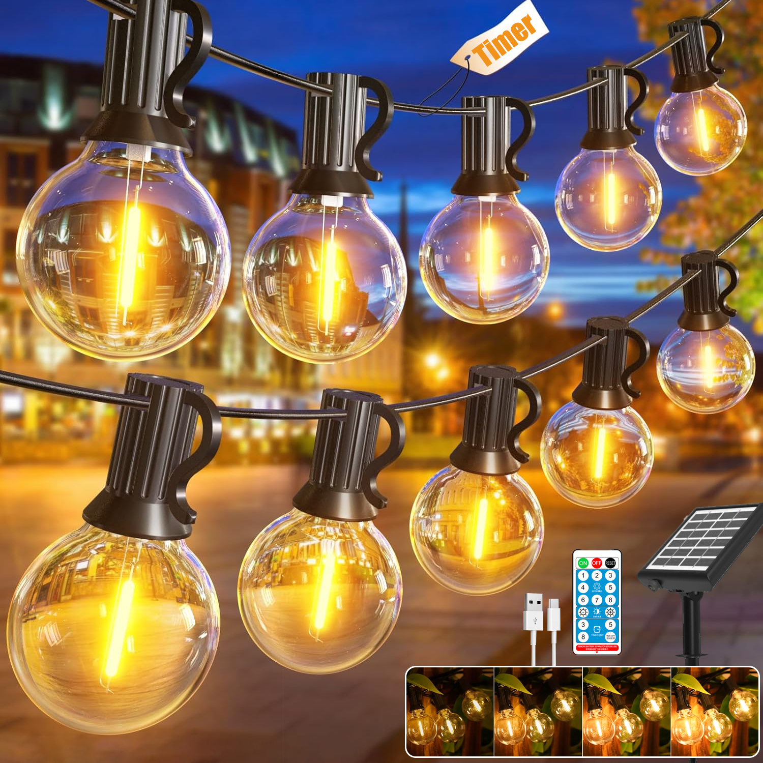 Catena di luci solari da esterno da 7 m, Luce solare da giardino con telecomando e 10 lampadine ...