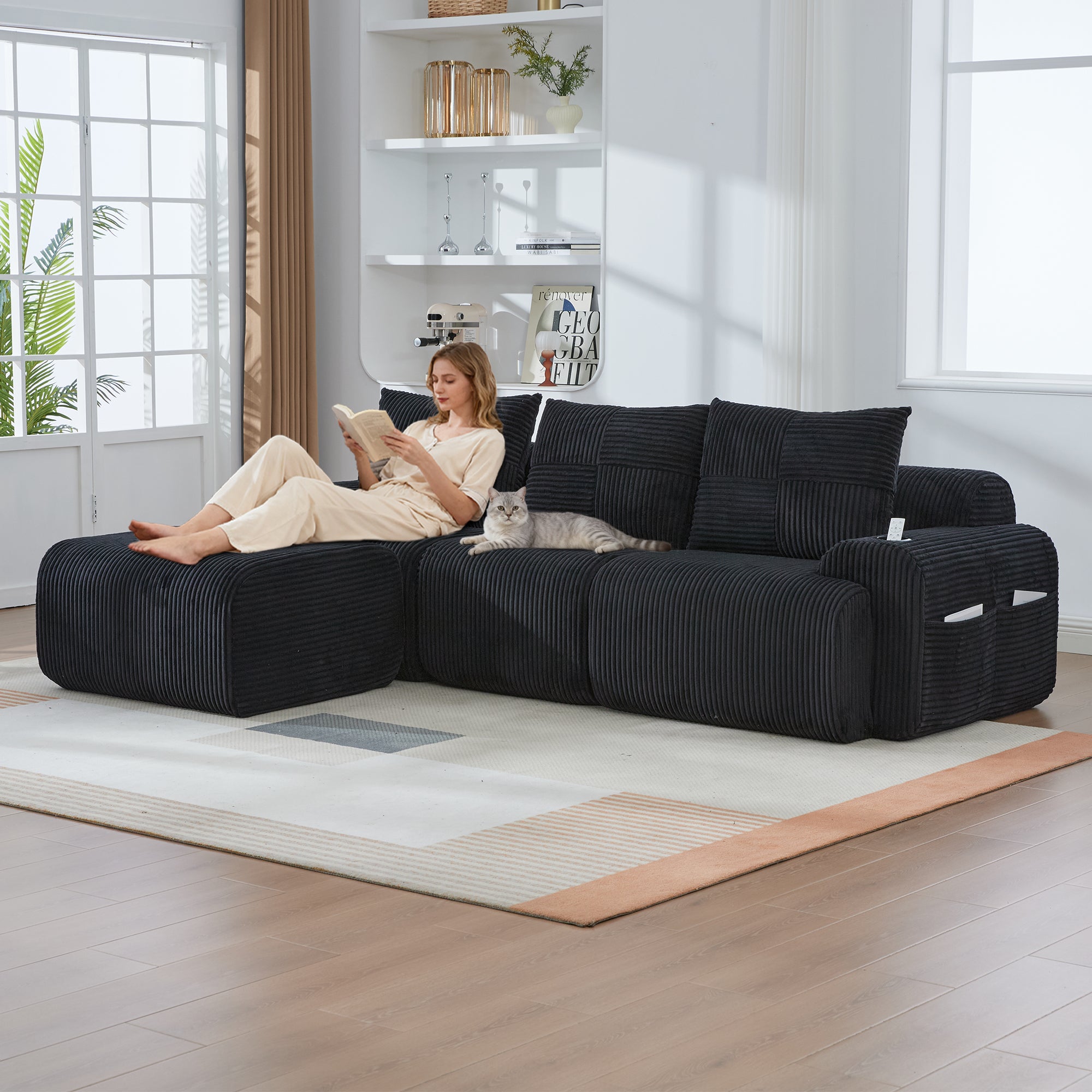 Canapé modulable velours côtelé 3 places avec poufs, design flexible ...