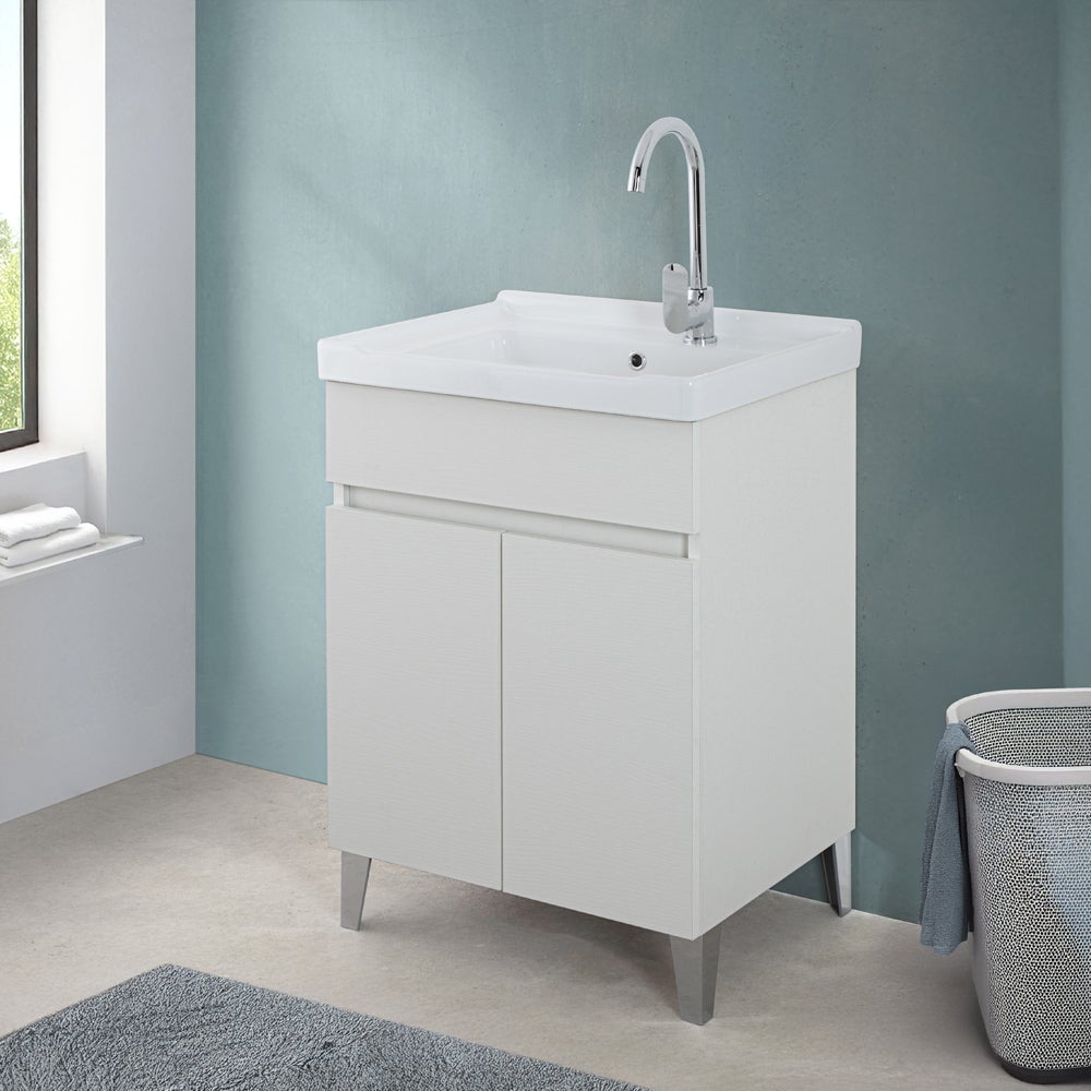 Meuble lavabo 60x46,8 cm frêne blanc avec vasque en céramique blanche ...