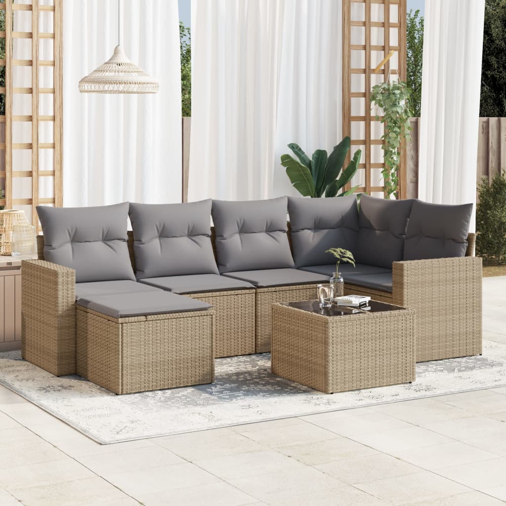 Muebles de jardín con cojines 7 piezas resina tejida beige | Leroy Merlin