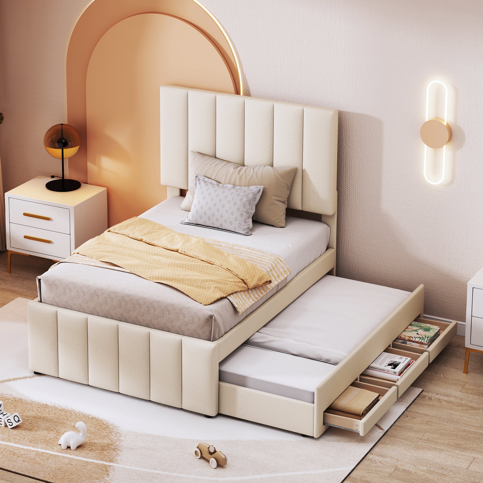 Cama nido 90 x 190/200 cm con 3 cajones - tela de lino - somier de ...