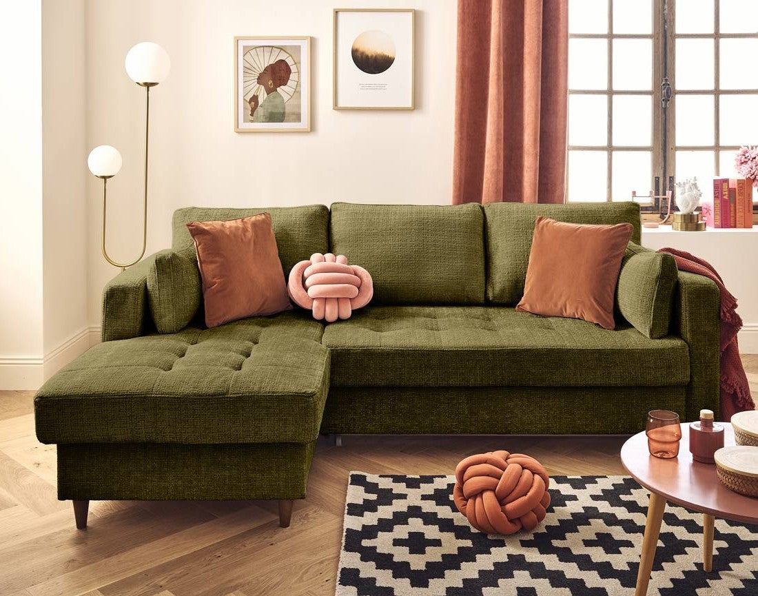 Canapé d'angle gauche convertible 4 places en velours texturé vert ...